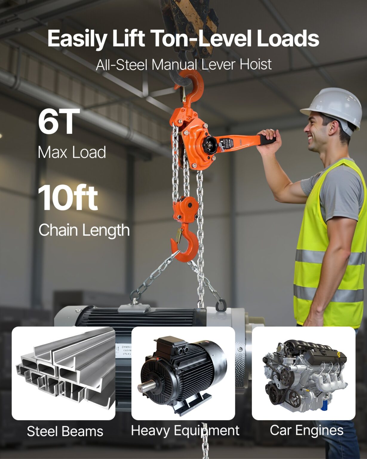 VEVOR 6T Manual Lever Chain Hoist with 3m G80 Alloy Chain, Dual Brake ...