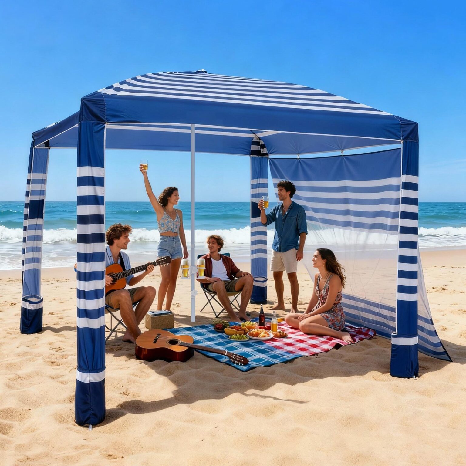 VEVOR 2.4×2.4 m Beach Cabana Tent with Side Wall, UPF 50+ Protection ...
