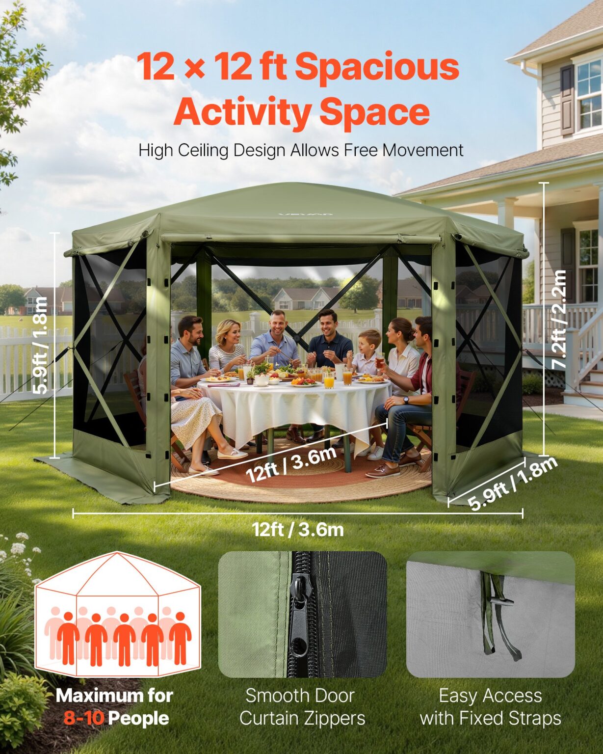 VEVOR 3.6×3.6 m 6-Sided Pop-Up Gazebo Tent for 8–10 People, UV & Rain ...