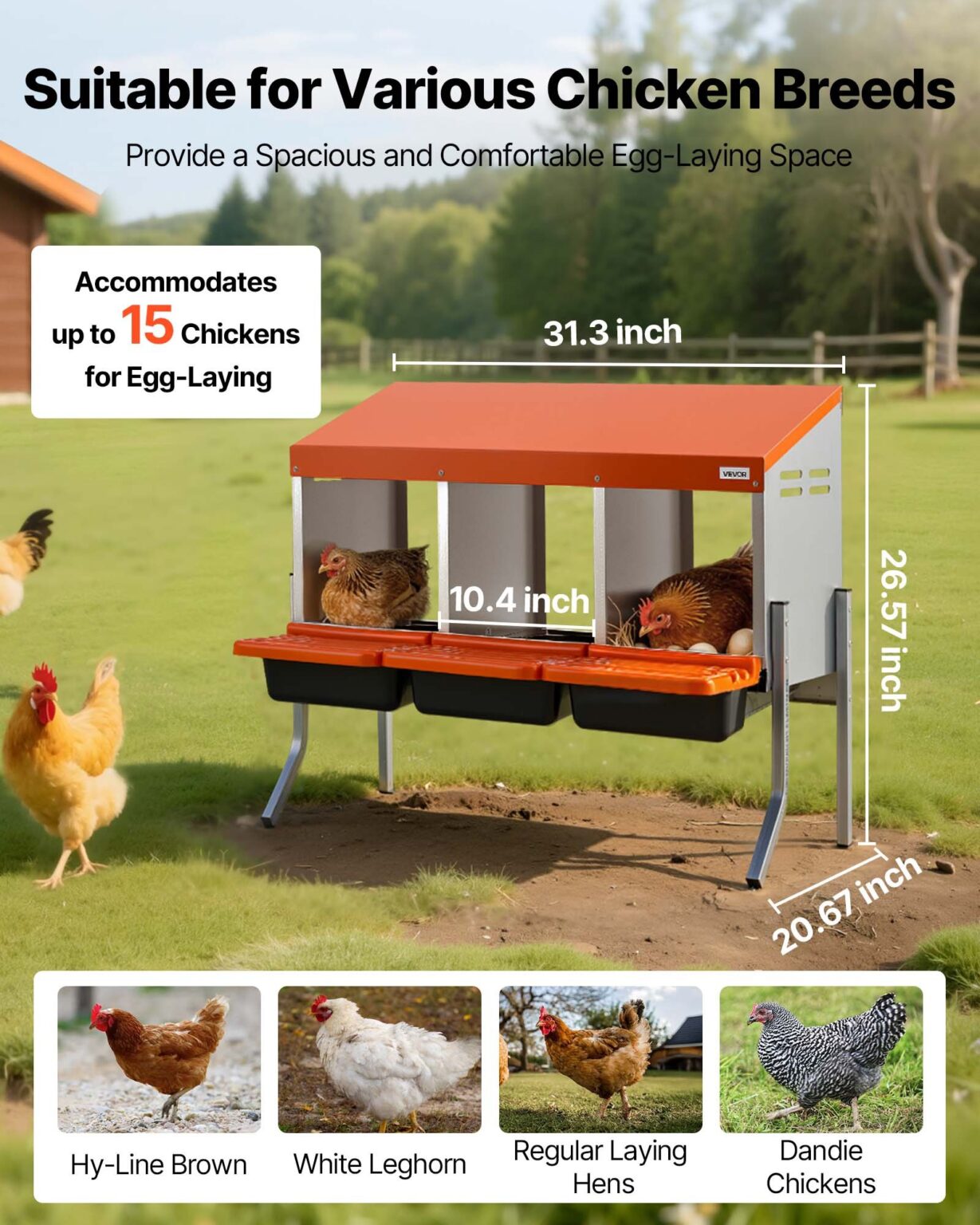 VEVOR Chicken Nesting Boxes with 3 Compartments, Roll Away Design ...