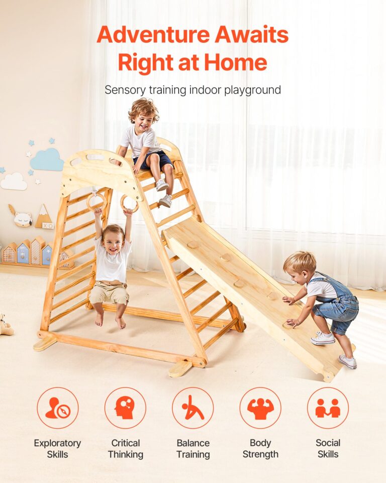 VEVOR 4-in-1 Wooden Indoor Jungle Gym for Kids – Slide, Climbing Rock ...