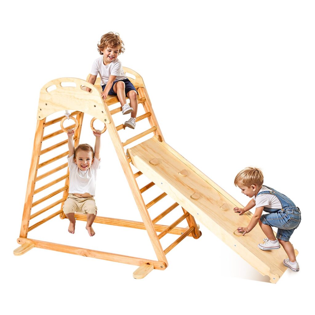 VEVOR 4-in-1 Wooden Indoor Jungle Gym for Kids – Slide, Climbing Rock ...