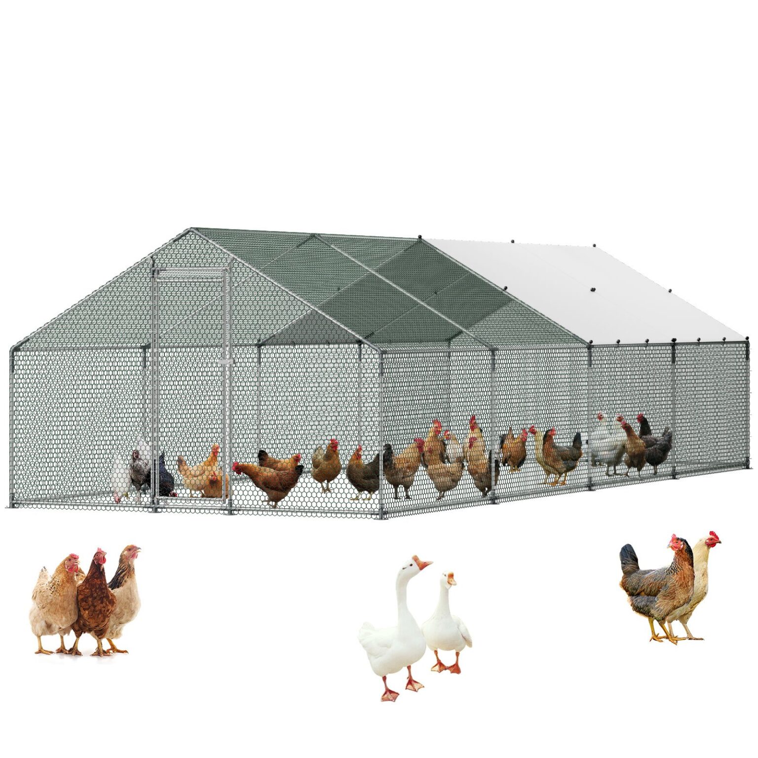 VEVOR Large Metal Chicken Coop 3x8x2 m with Roof & Lock, Weatherproof ...