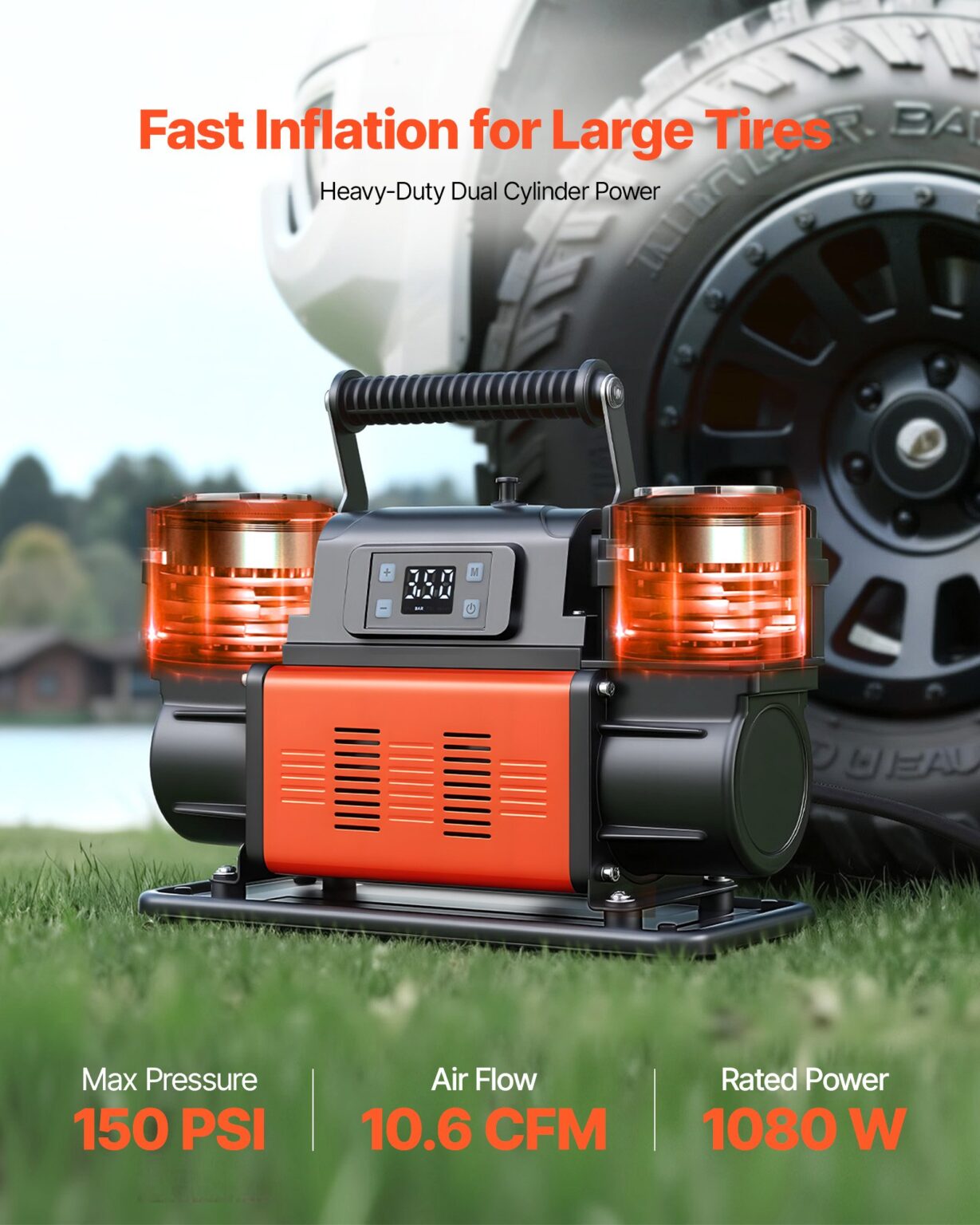 VEVOR 12V Dual-Cylinder Air Compressor, 300L/min 10.3bar Auto-Stop Tire ...