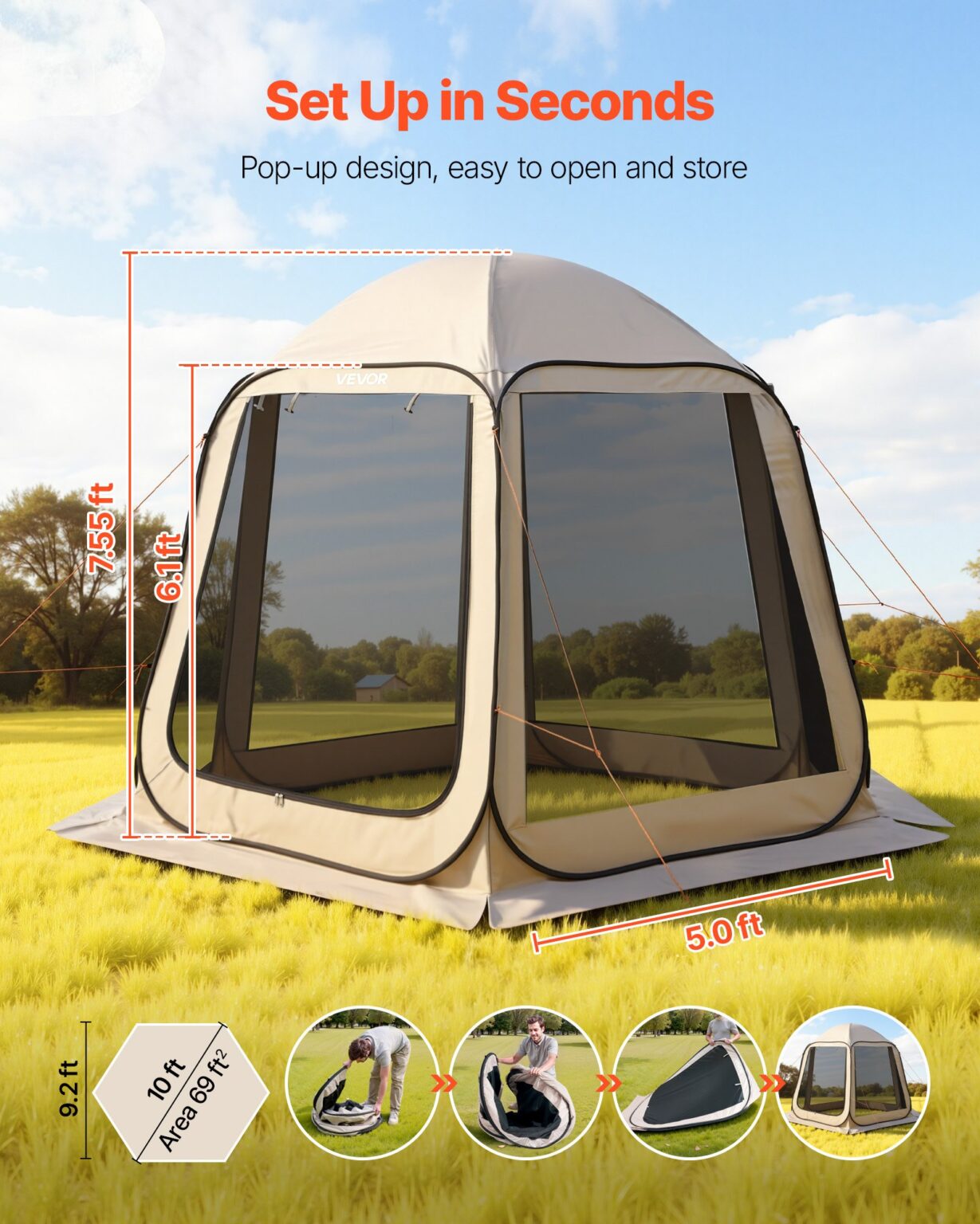 VEVOR Pop Up Screen House Tent 303x265x230 cm for 4-8 People – Portable ...