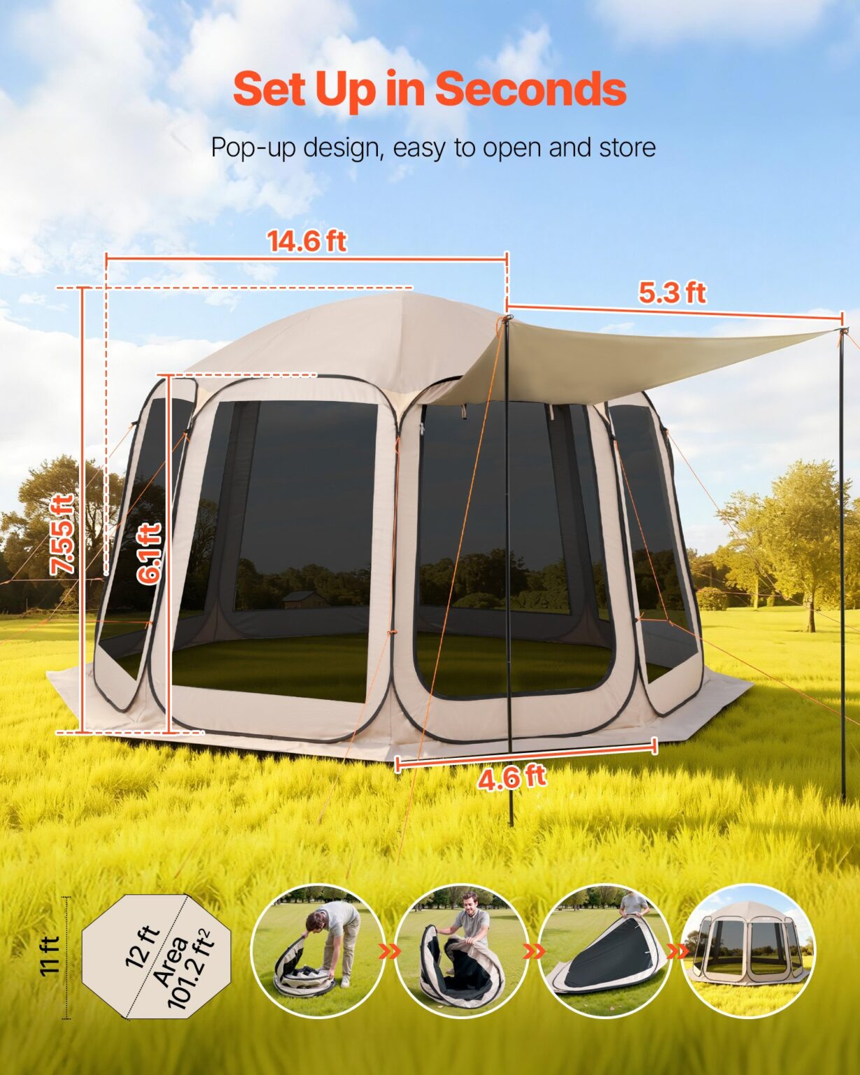 VEVOR 12-Person Pop Up Screen House Tent 366x338x230 cm with Awning ...