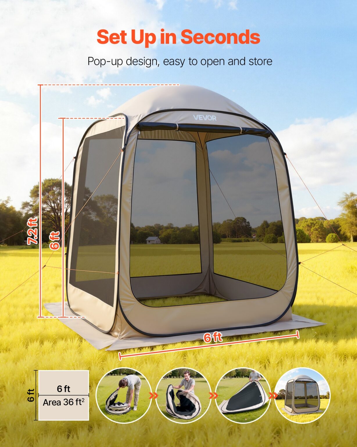 VEVOR Pop Up Screen House Tent 1825x1825x2200 mm, 4-6 Person Canopy ...