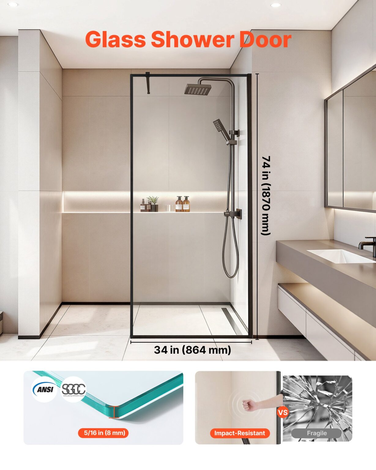 VEVOR Fixed Glass Shower Panel 864x1870mm, 8mm Tempered Glass, Matte ...