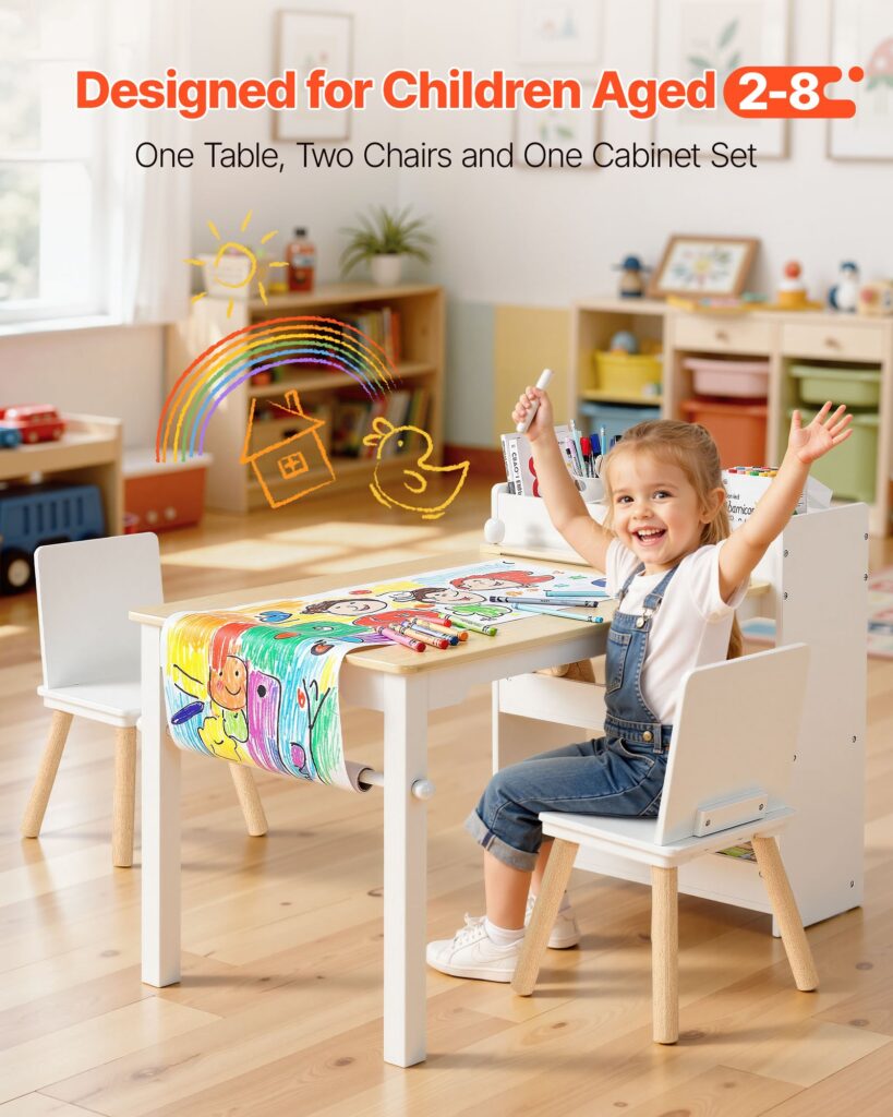 VEVOR Kids Art Table Set with 3-Tier Storage, Wooden Play Desk with 2 ...
