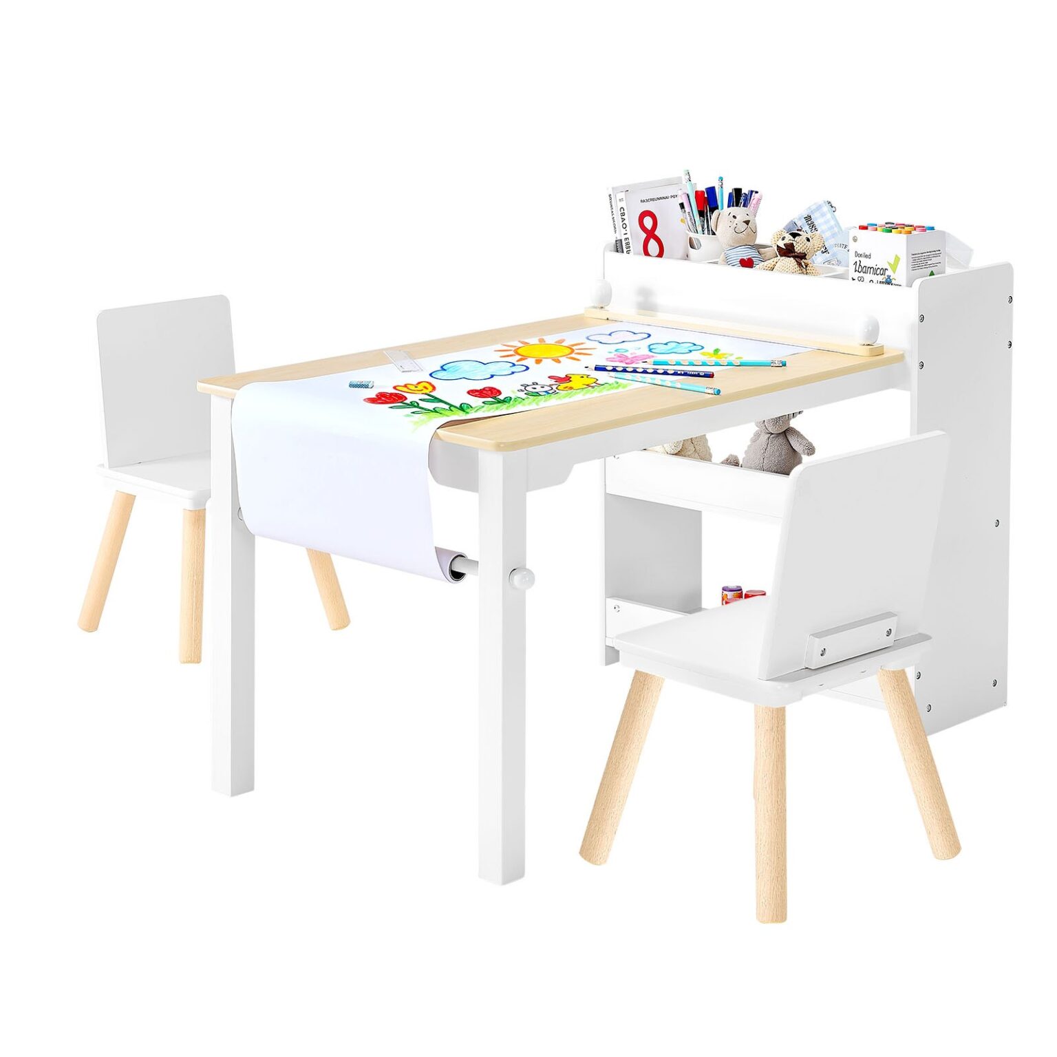 VEVOR Kids Art Table Set with 3-Tier Storage, Wooden Play Desk with 2 ...