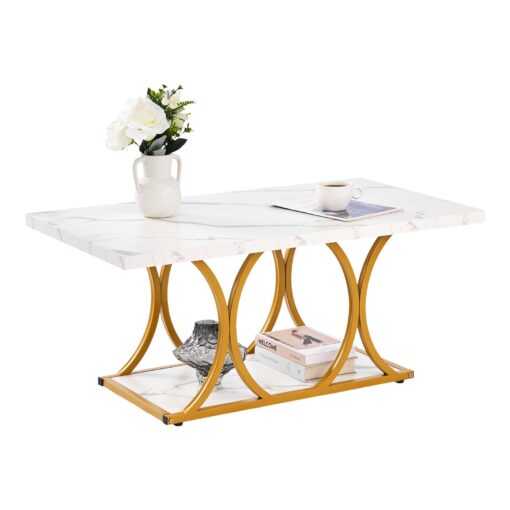 VEVOR 2-Tier Modern Faux Marble Coffee Table with Geometric Metal Legs ...