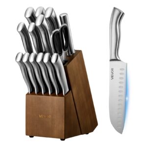 VEVOR 15-Piece German Stainless Steel Kitchen Knife Set with Block ...