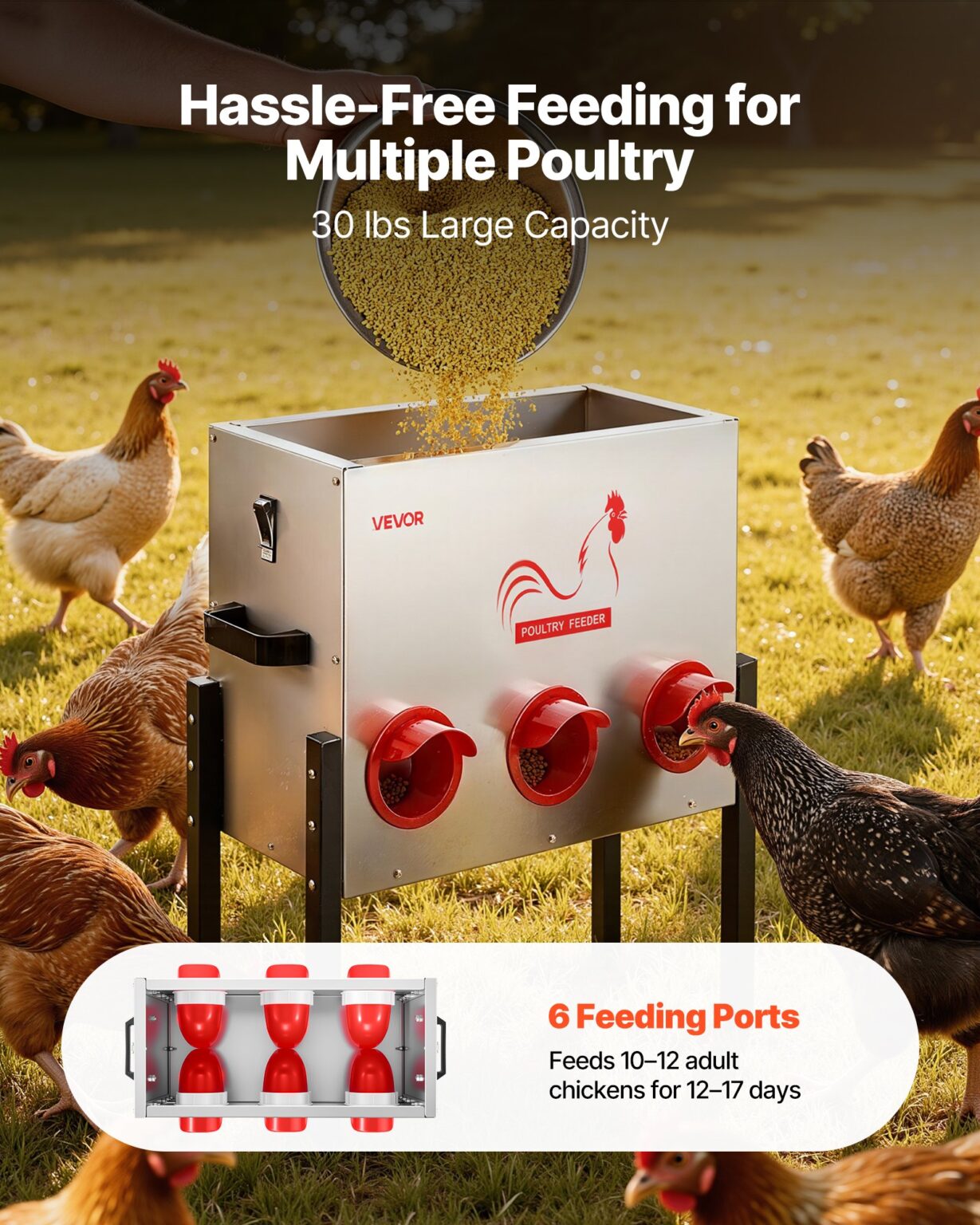 VEVOR Automatic Chicken Feeder, 13.6 kg, 6-Port No-Waste Gravity Feeder ...