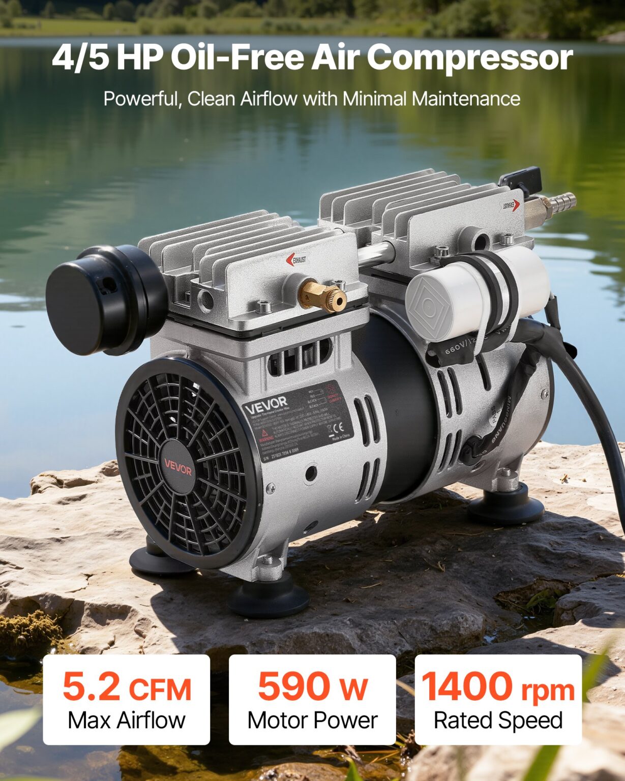 VEVOR Pond Aerator 590W 4/5HP Air Compressor, 8.8m³/h, for Ponds up to ...