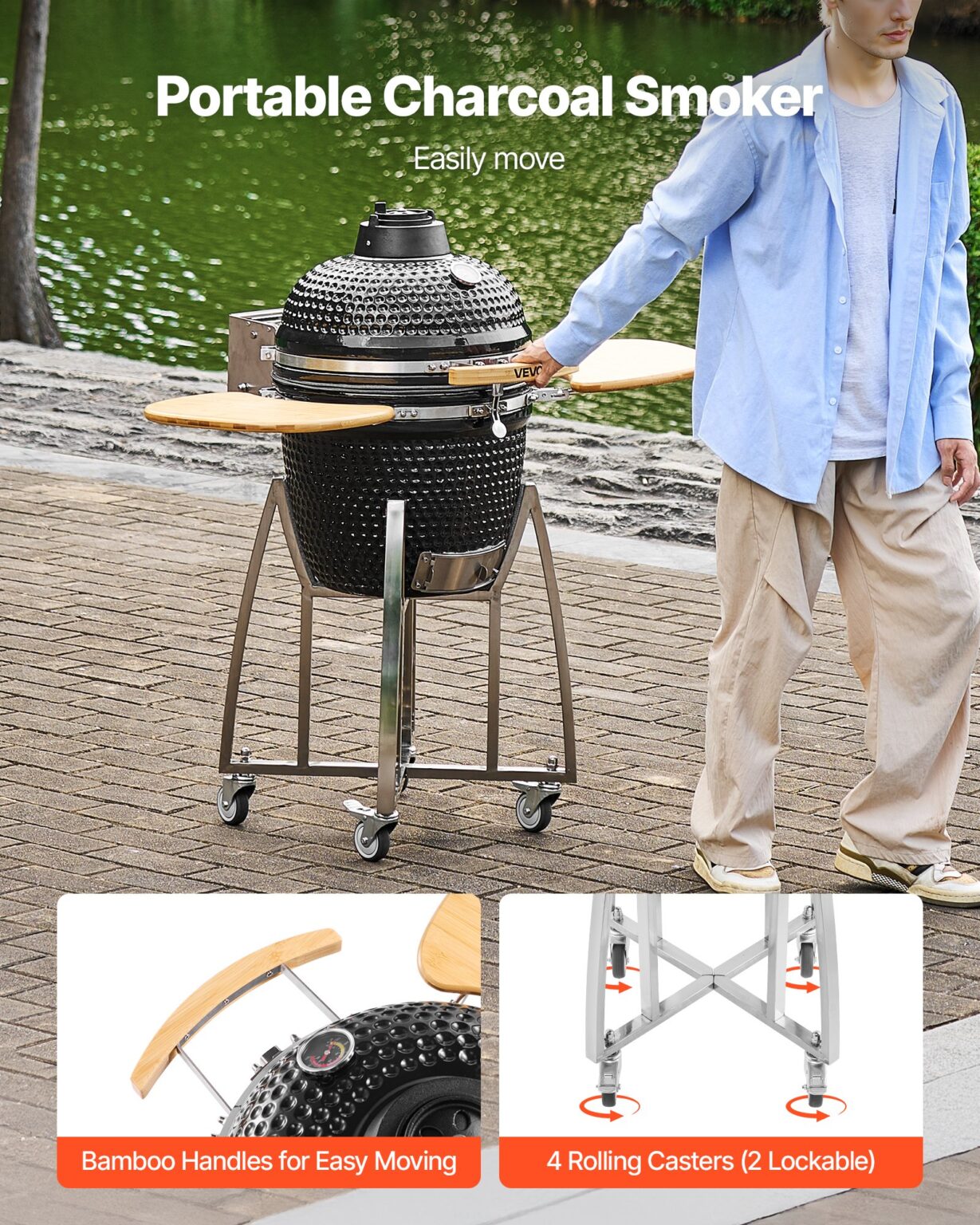 VEVOR 450mm Kamado Ceramic Charcoal BBQ Smoker Grill with Wheels ...