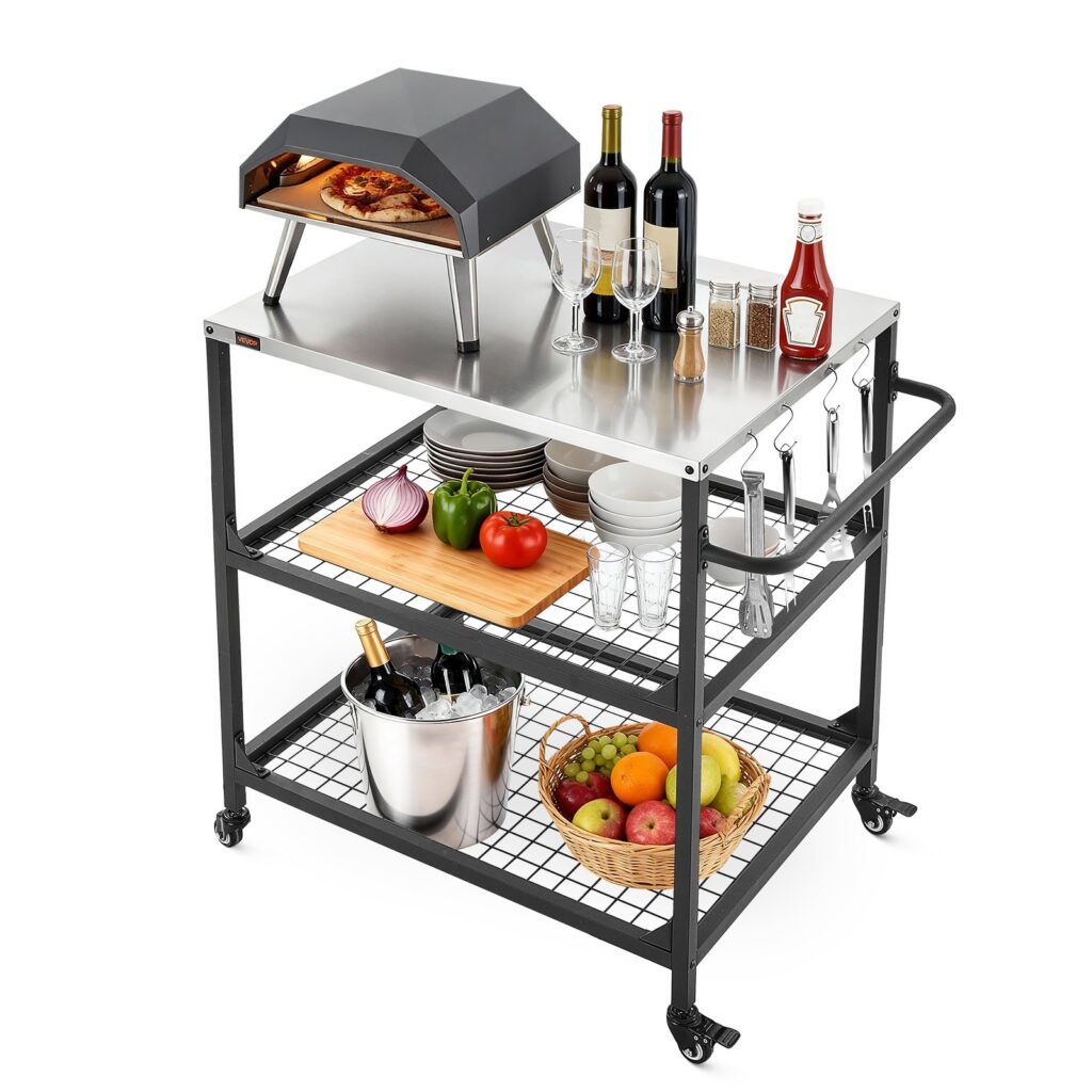 VEVOR Outdoor Grill Cart 800x610mm Stainless Steel Table with Wheels ...