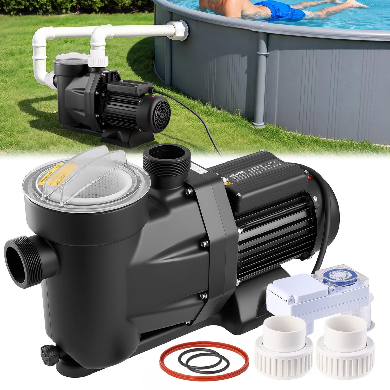 VEVOR 1300W Pool Pump with Timer & Filter, 28,800 L/h, Max Head 17m ...