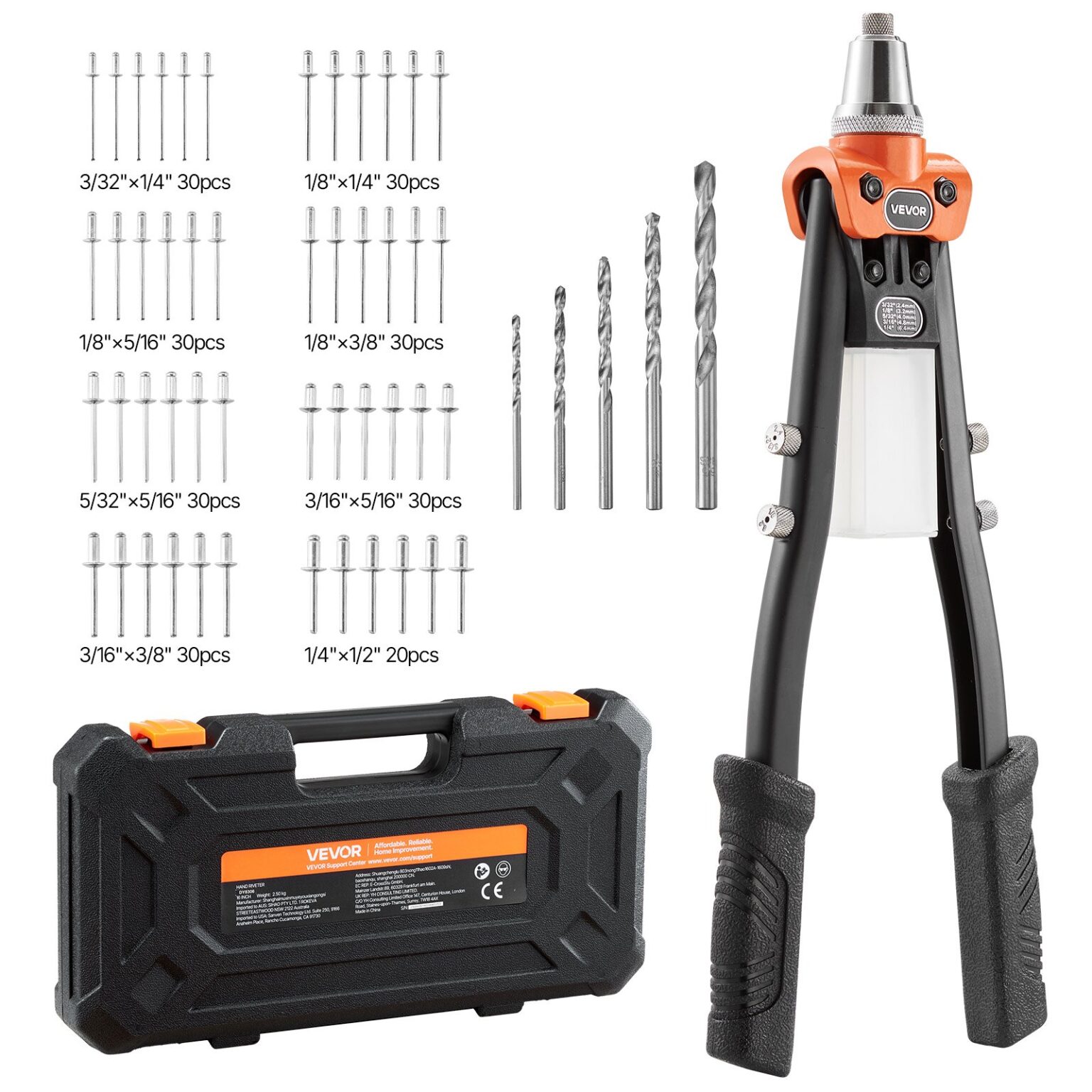 VEVOR Manual Rivet Gun Kit with 230 Rivets, 5 Nosepieces, Drill Bits ...