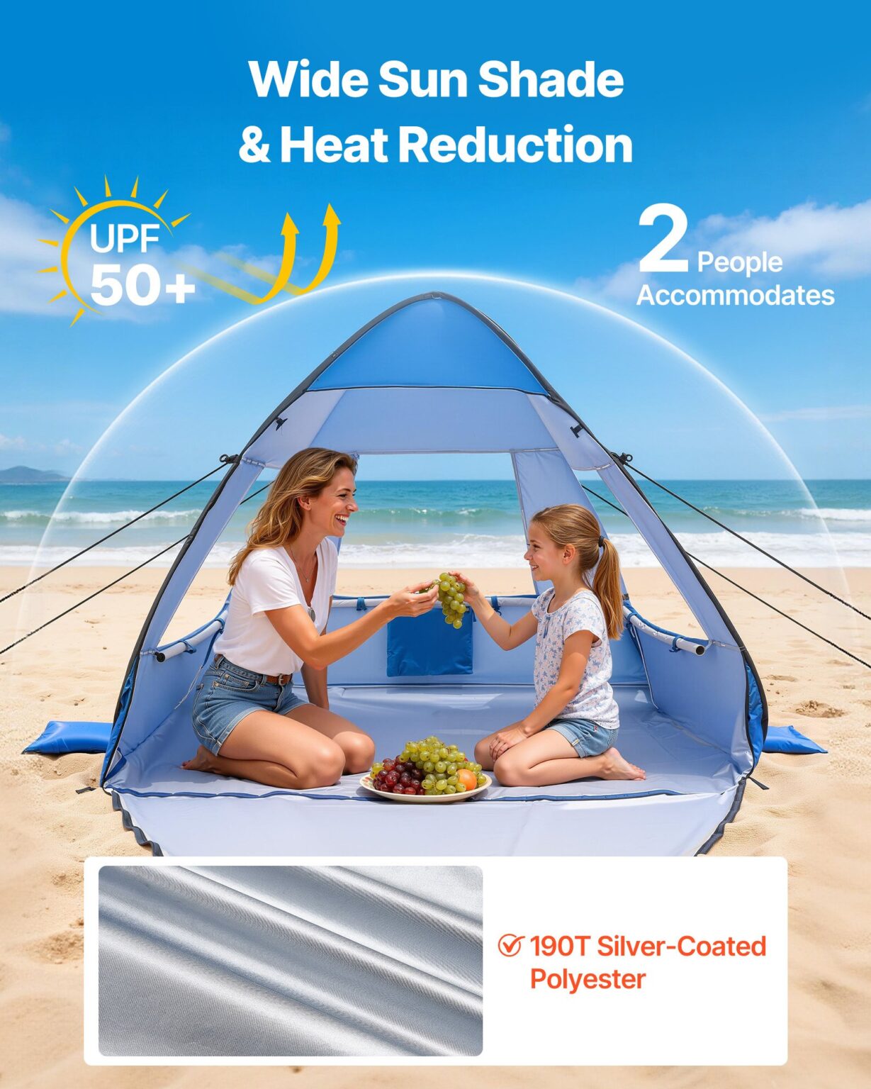VEVOR 2-Person Beach Tent with UPF 50+ Protection, Lightweight Pop-Up ...