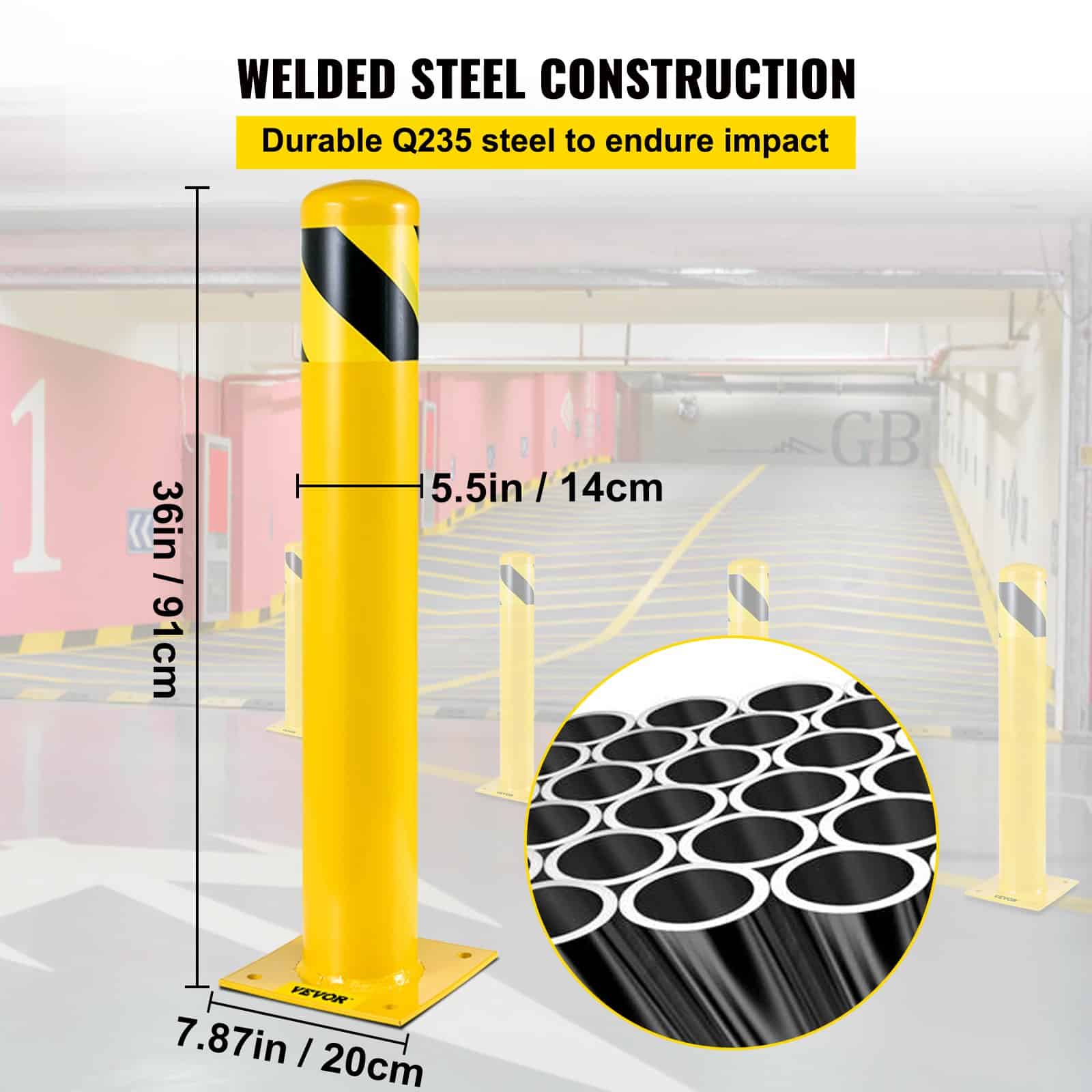VEVOR Steel Safety Bollard 91cm High, Ø14cm Yellow Post with 8 Anchor ...