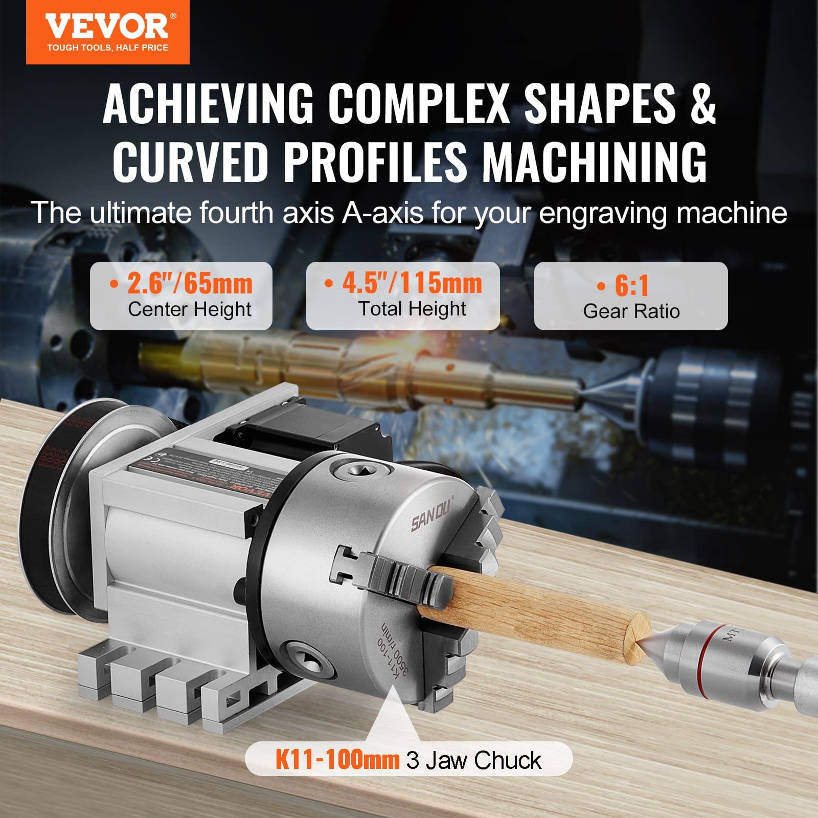 VEVOR CNC 4th Axis Dividing Head with K11-100mm 3-Jaw Chuck, MT2 ...
