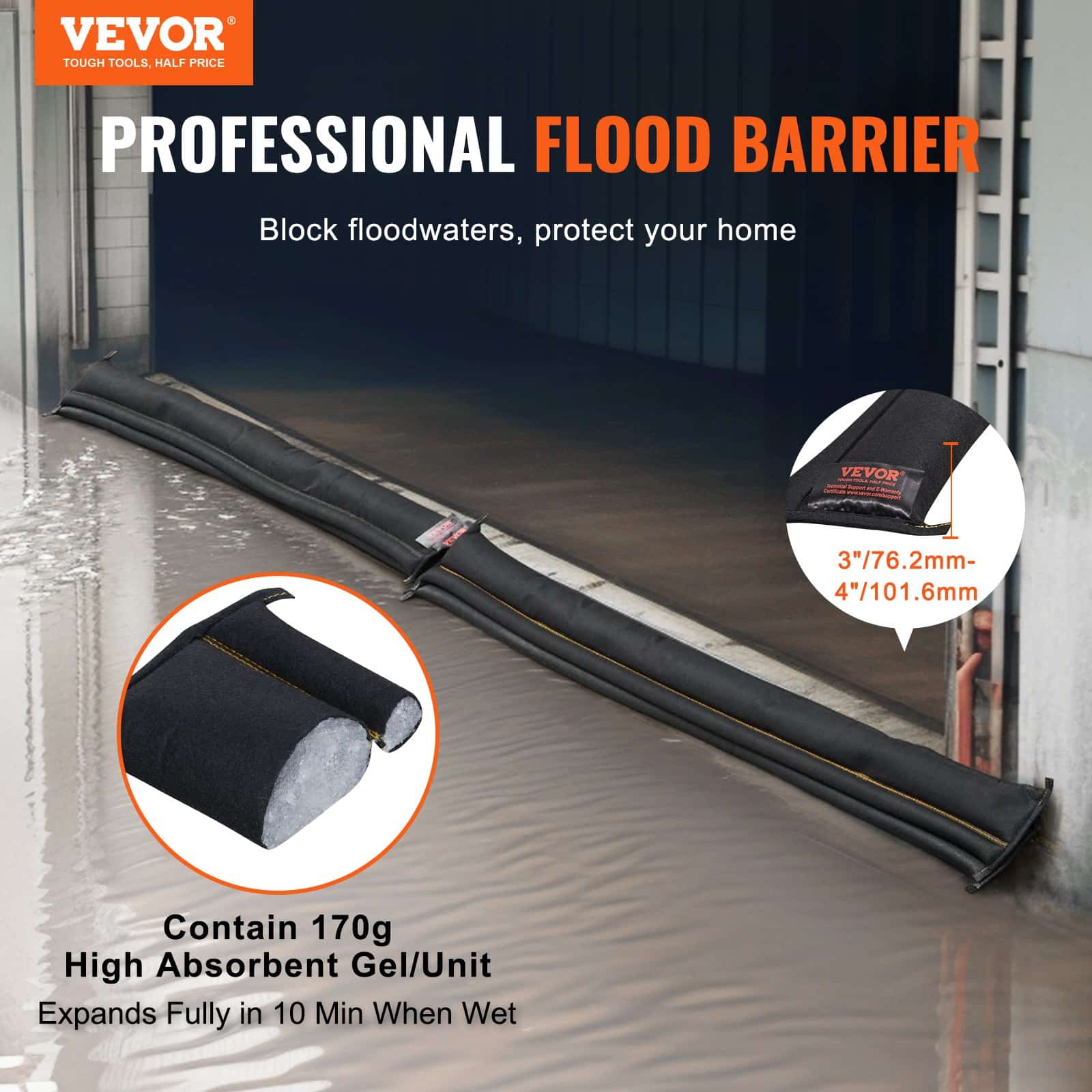 VEVOR Water-Activated Flood Barriers 10-Pack with Bucket, 1530x155mm ...