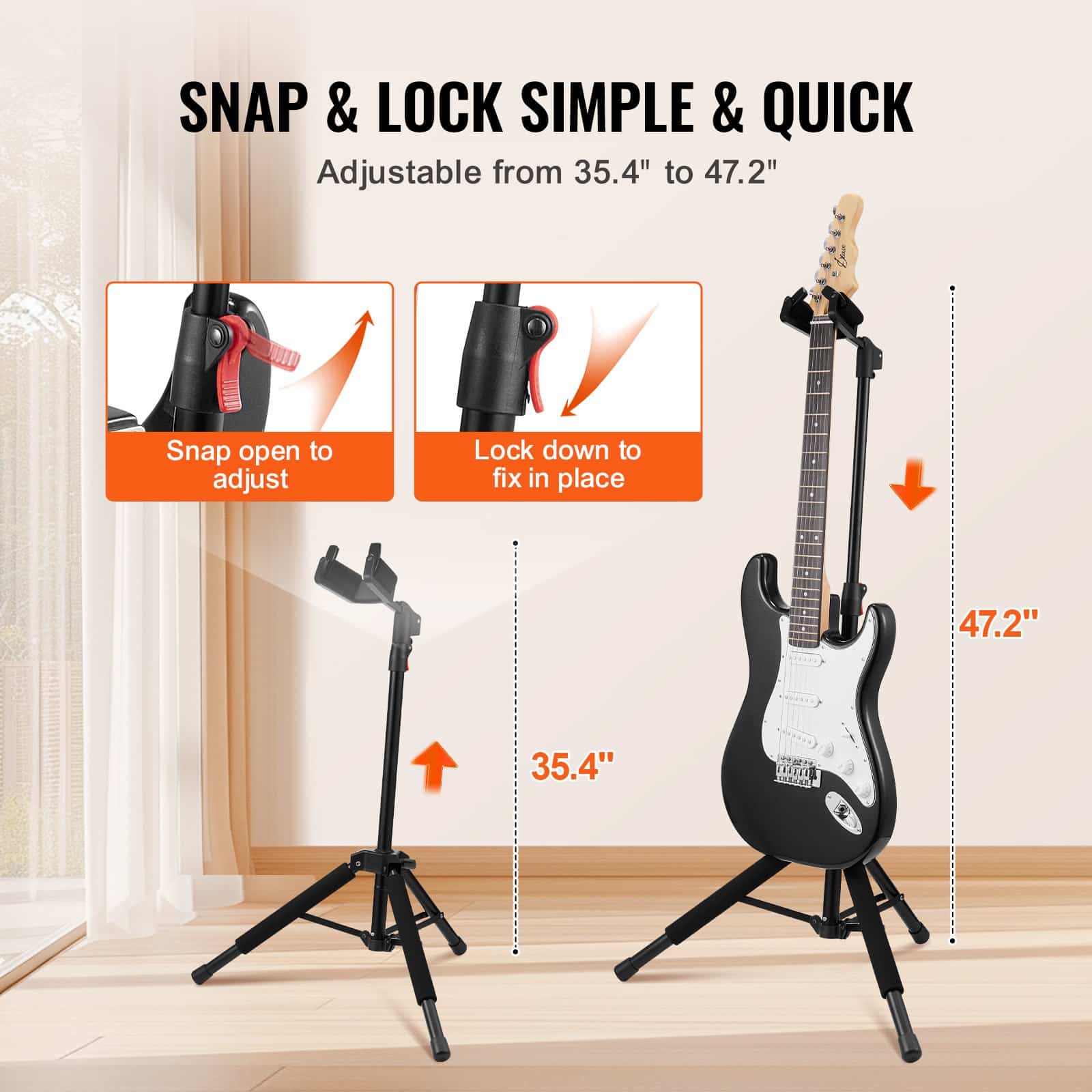 VEVOR Foldable Tripod Guitar Stand, Adjustable 900–1200 mm Height, Auto ...