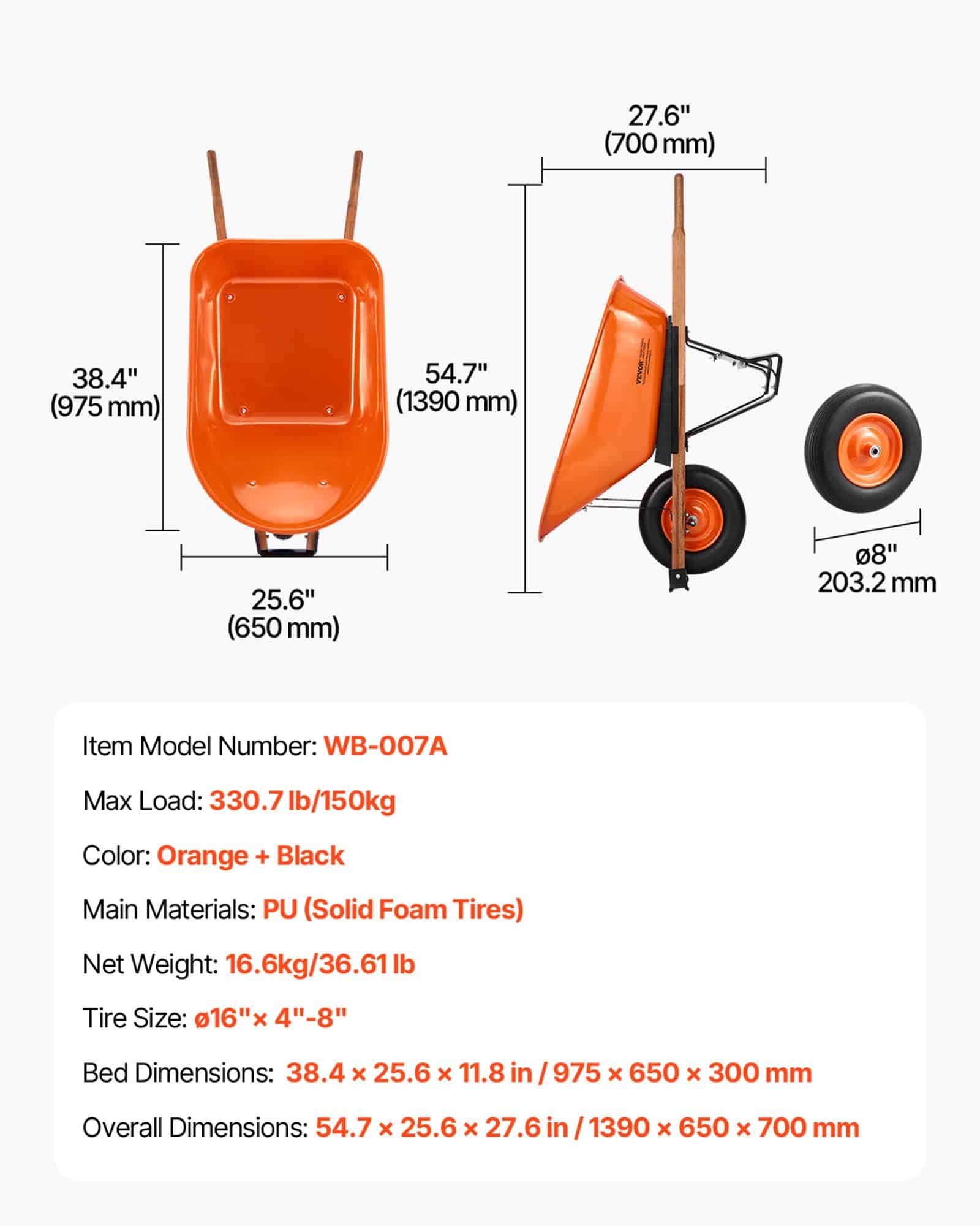 VEVOR One-Wheel Garden Wheelbarrow, 150 kg Load, 6 Cu. Ft. Tray, Foam ...