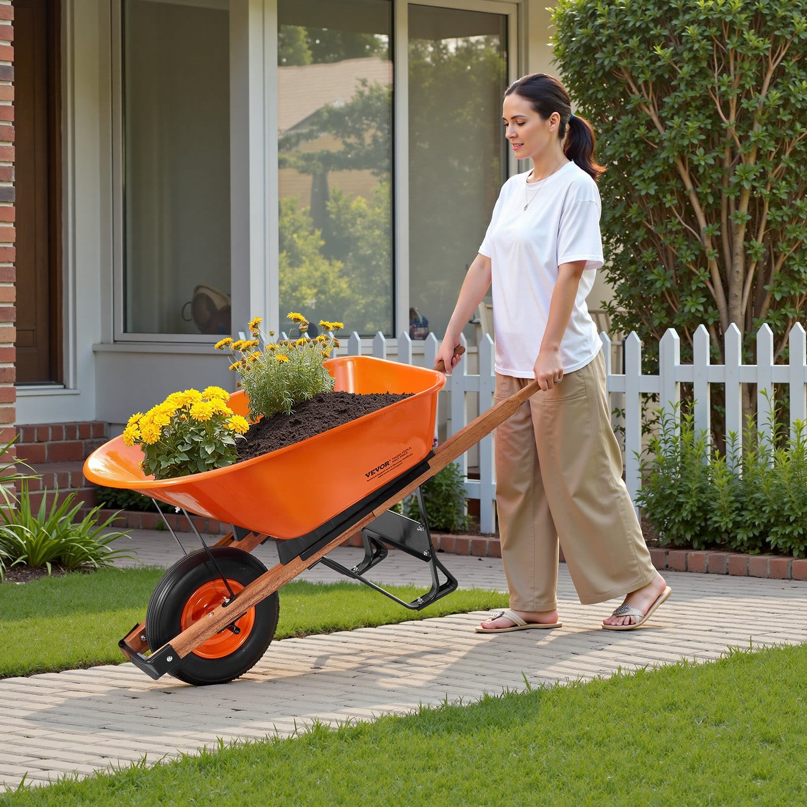 VEVOR One-Wheel Garden Wheelbarrow, 150 kg Load, 6 Cu. Ft. Tray, Foam ...