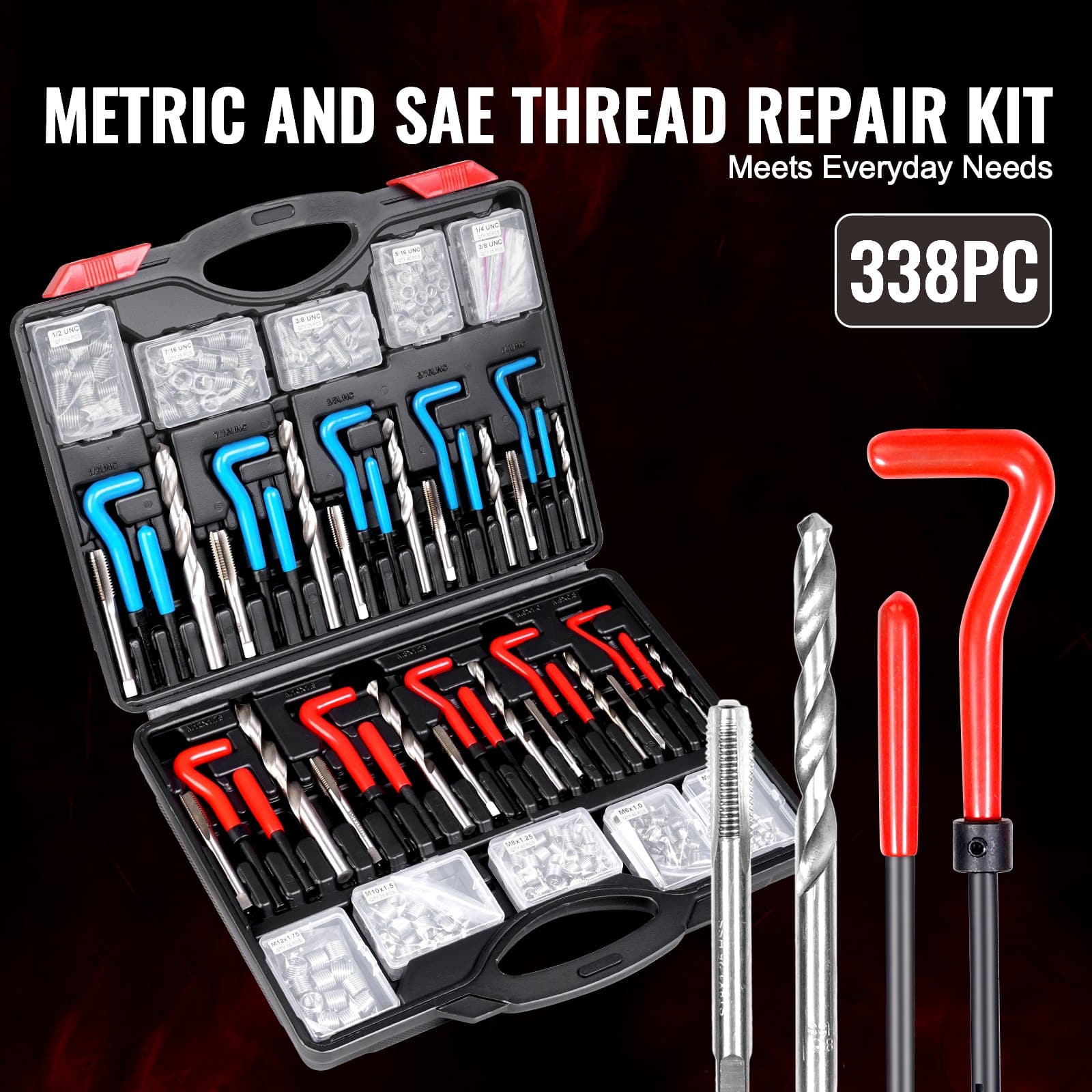 VEVOR 338-Piece Helicoil Thread Repair Kit with Metric & SAE Sizes, HSS ...