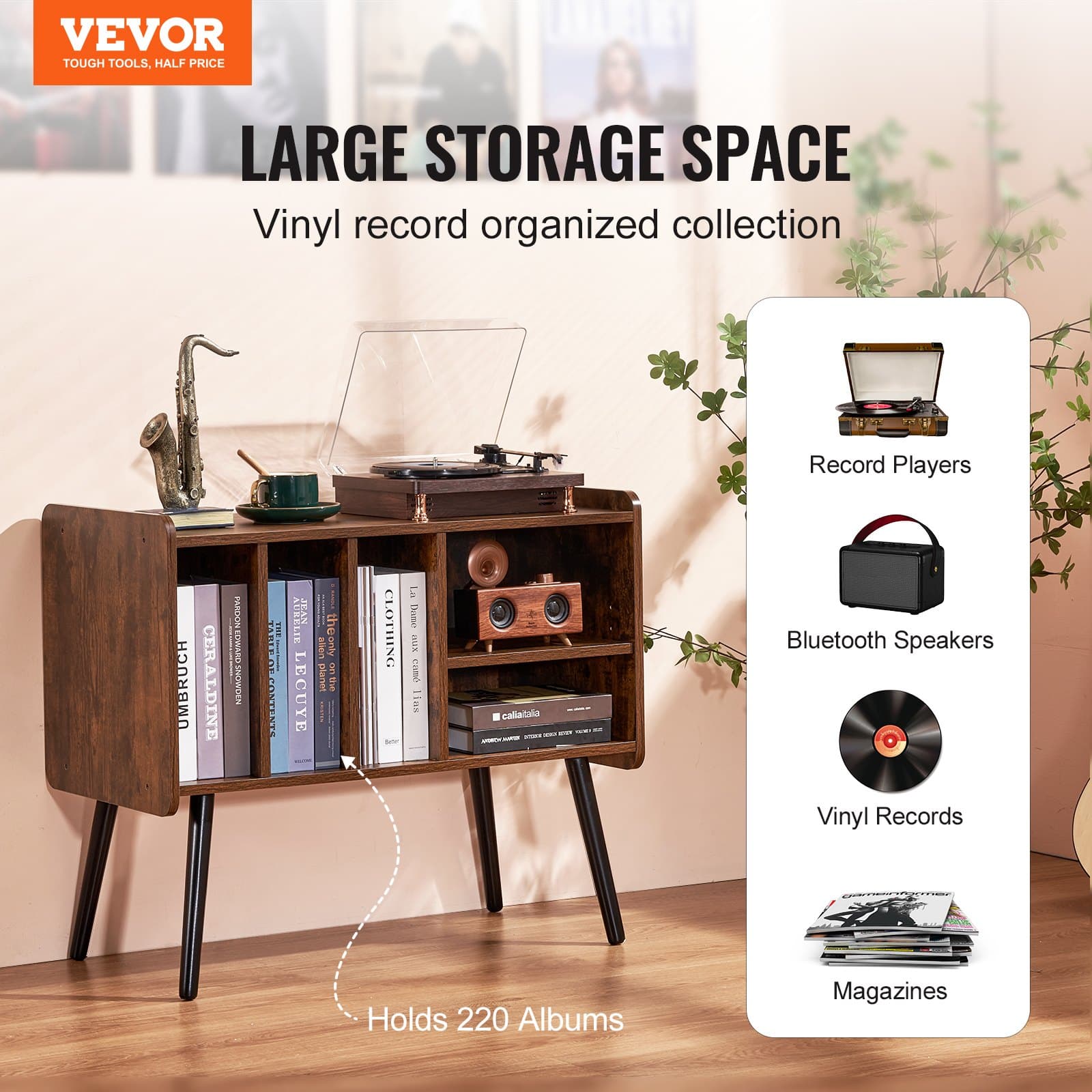 VEVOR Vintage Record Player Stand, Holds 220 Vinyl Albums, Adjustable ...