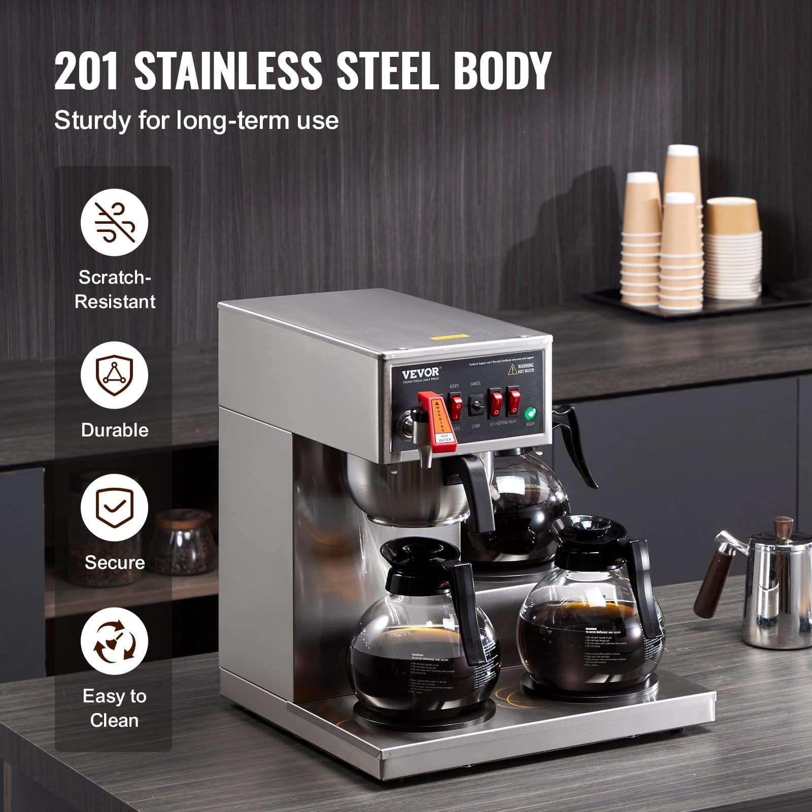 VEVOR 12-Cup Commercial Drip Coffee Maker with 3 Glass Carafes & 3 ...