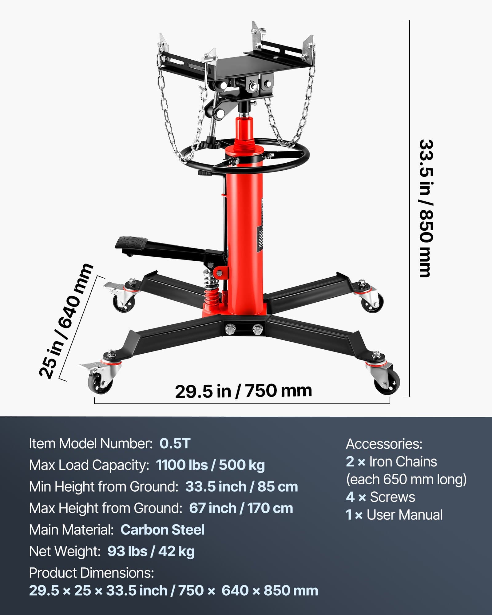VEVOR 500 kg 2-Stage Hydraulic Transmission Jack, High Lift 85–170 cm ...