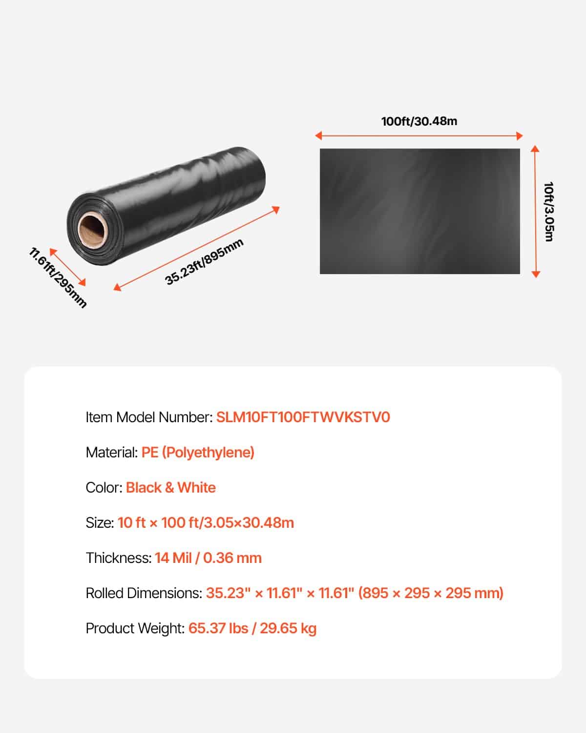 VEVOR Heavy Duty Plastic Sheeting 0.35mm, 3.05×30.48m, Dual-Sided Vapor ...