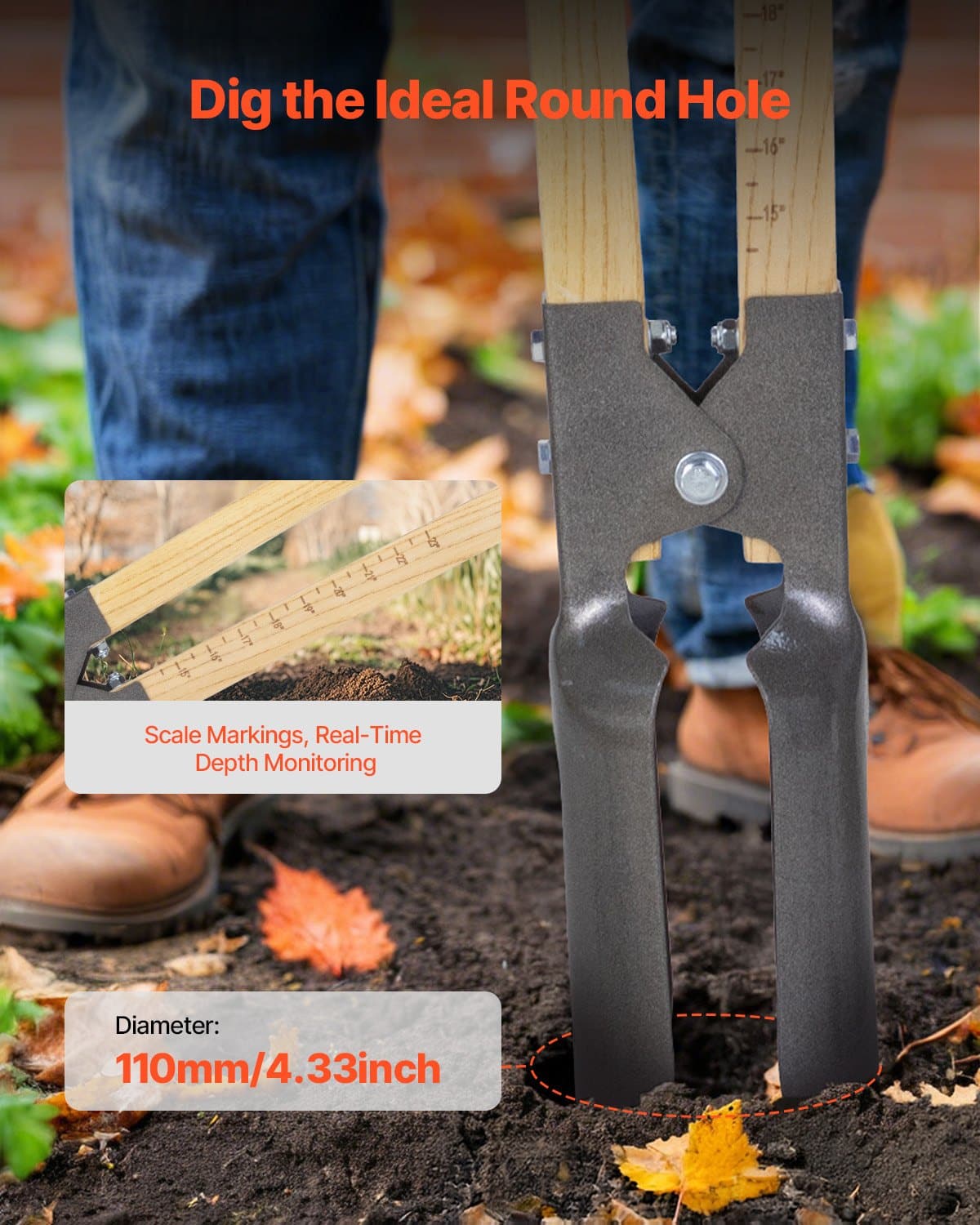 VEVOR Manual Post Hole Digger, 146 cm Wooden Handle, Steel Blade, 110 ...