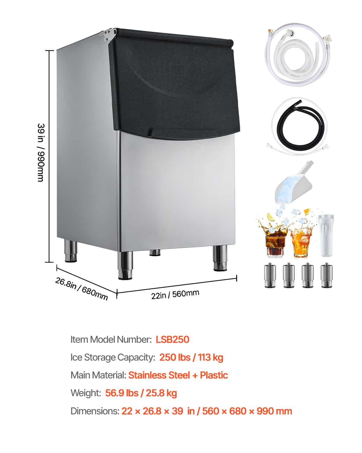 VEVOR 113 kg Stainless Steel Ice Storage Bin with Filter, Insulated 8 h ...