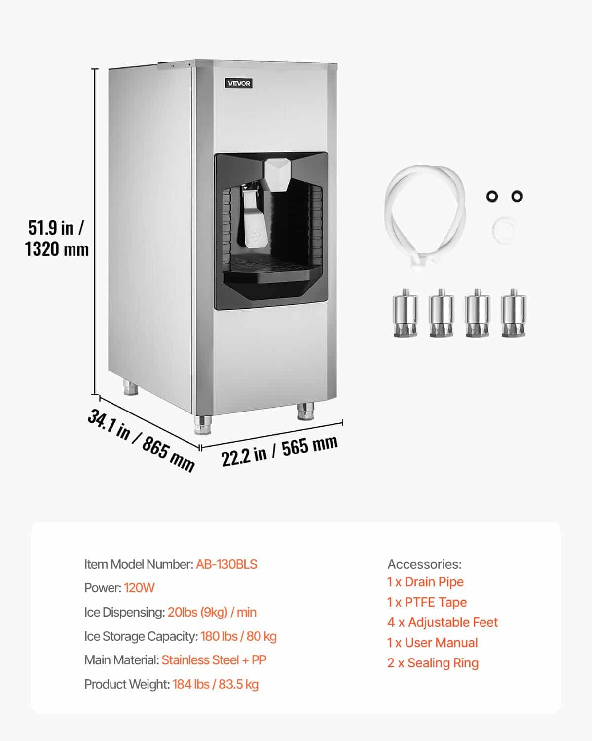 VEVOR Commercial Ice Dispenser with Crusher, 80kg Storage, 9kg/min ...