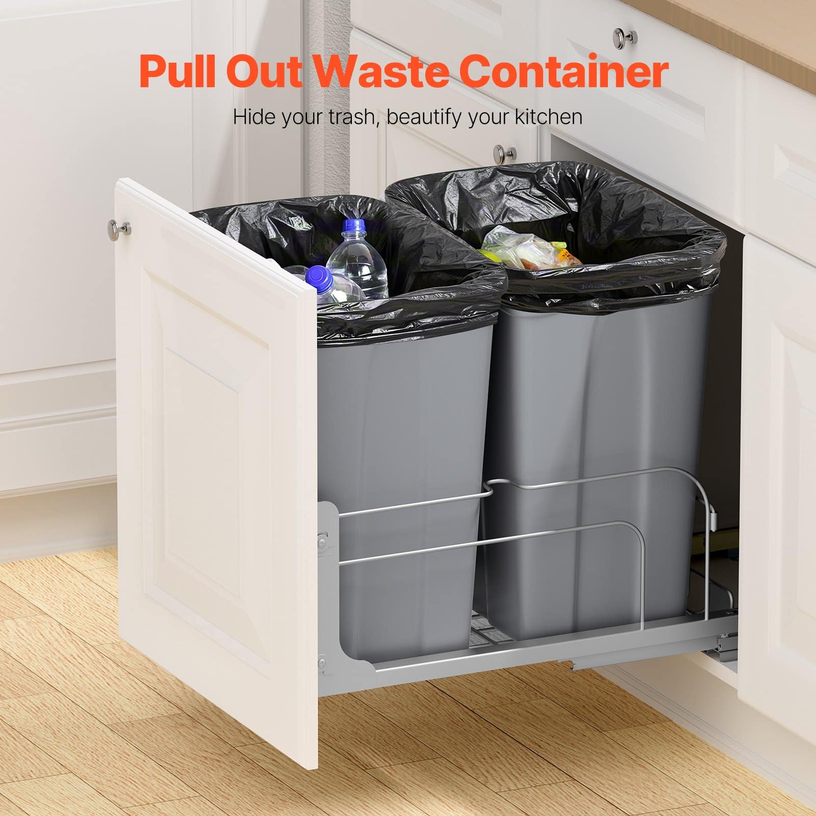 VEVOR 2x33L Pull-Out Kitchen Trash Bin with Soft-Close, Heavy-Duty ...