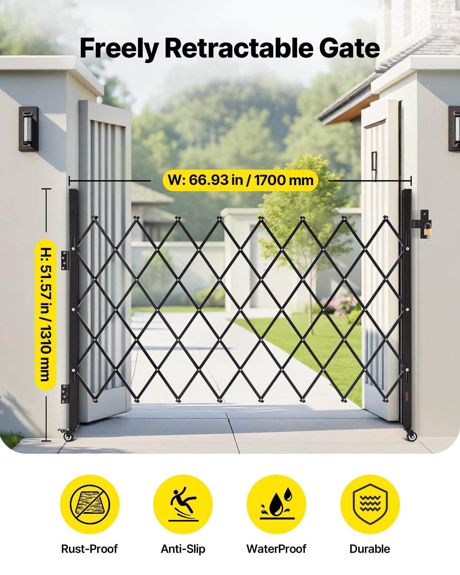 VEVOR Retractable Folding Security Gate 170×131 cm, Lockable Steel ...