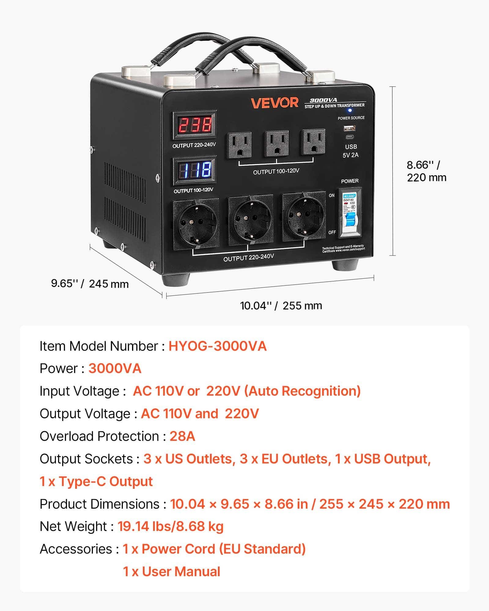 VEVOR 3000VA Step Up/Down Voltage Converter Transformer, 110V↔220V, LCD ...
