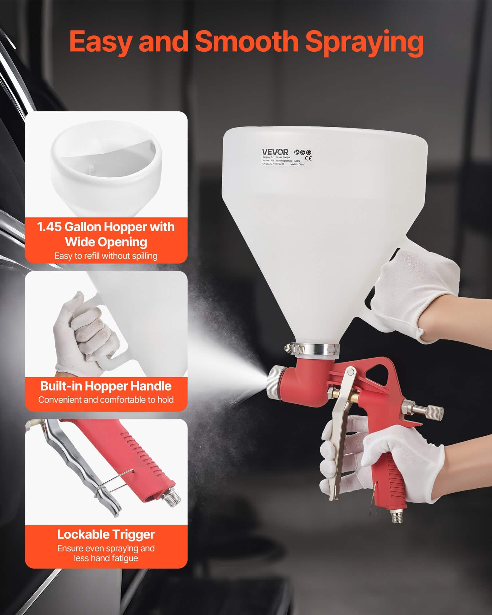VEVOR 4.5L Air Texture Spray Gun with 3 Nozzles (3.5mm, 6mm, 8mm) for ...