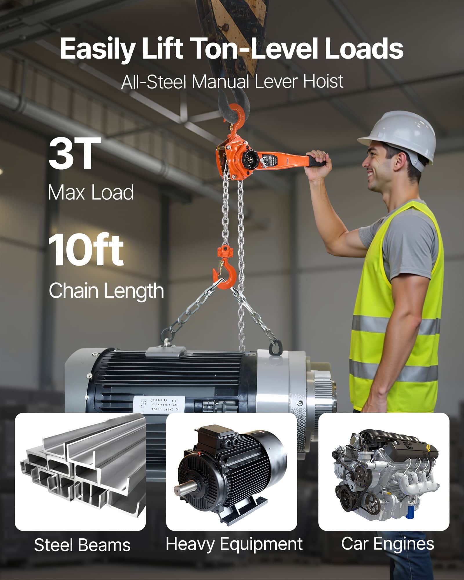 VEVOR Manual Chain Hoist 3T 3000kg, 3m G80 Steel Chain, Dual Brake, 360 ...
