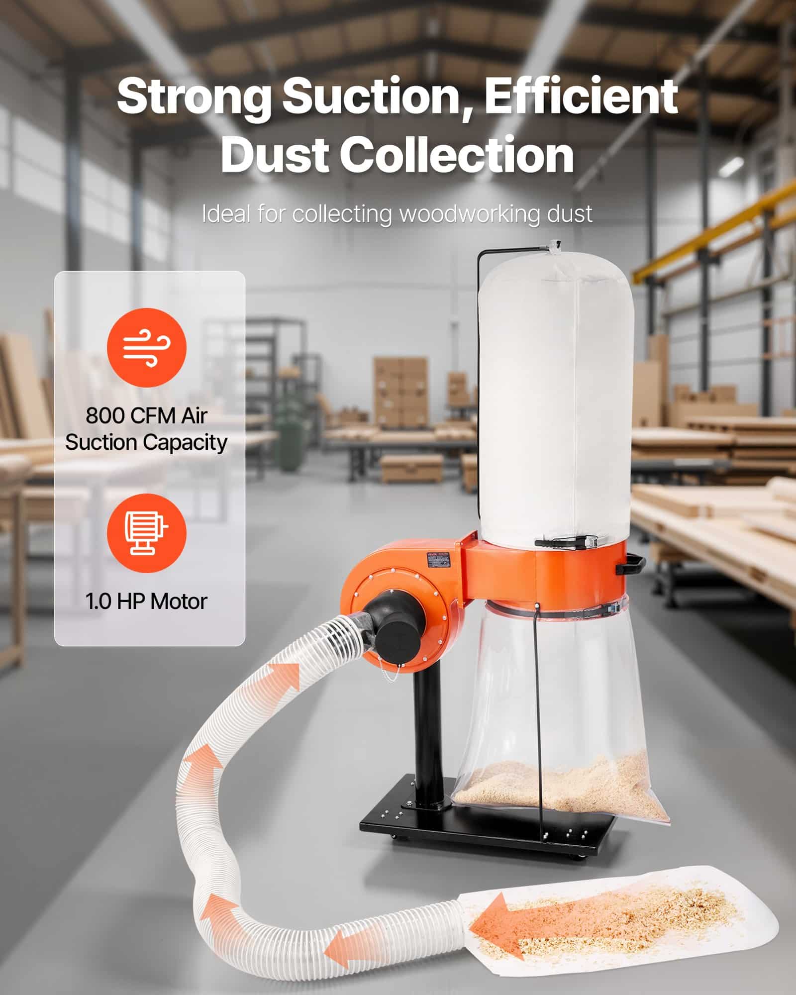 VEVOR 800 CFM Dust Collector with 60L Bag, 2.5 Micron Filtration, 1HP ...