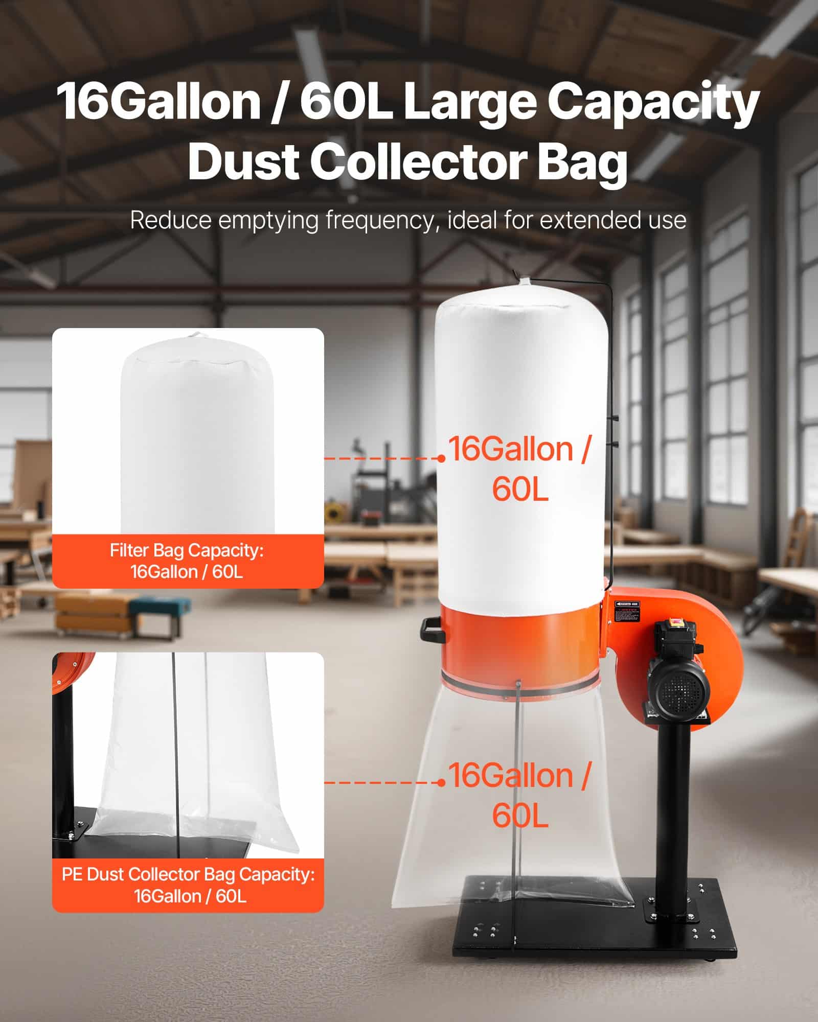 VEVOR 800 CFM Dust Collector with 60L Bag, 2.5 Micron Filtration, 1HP ...
