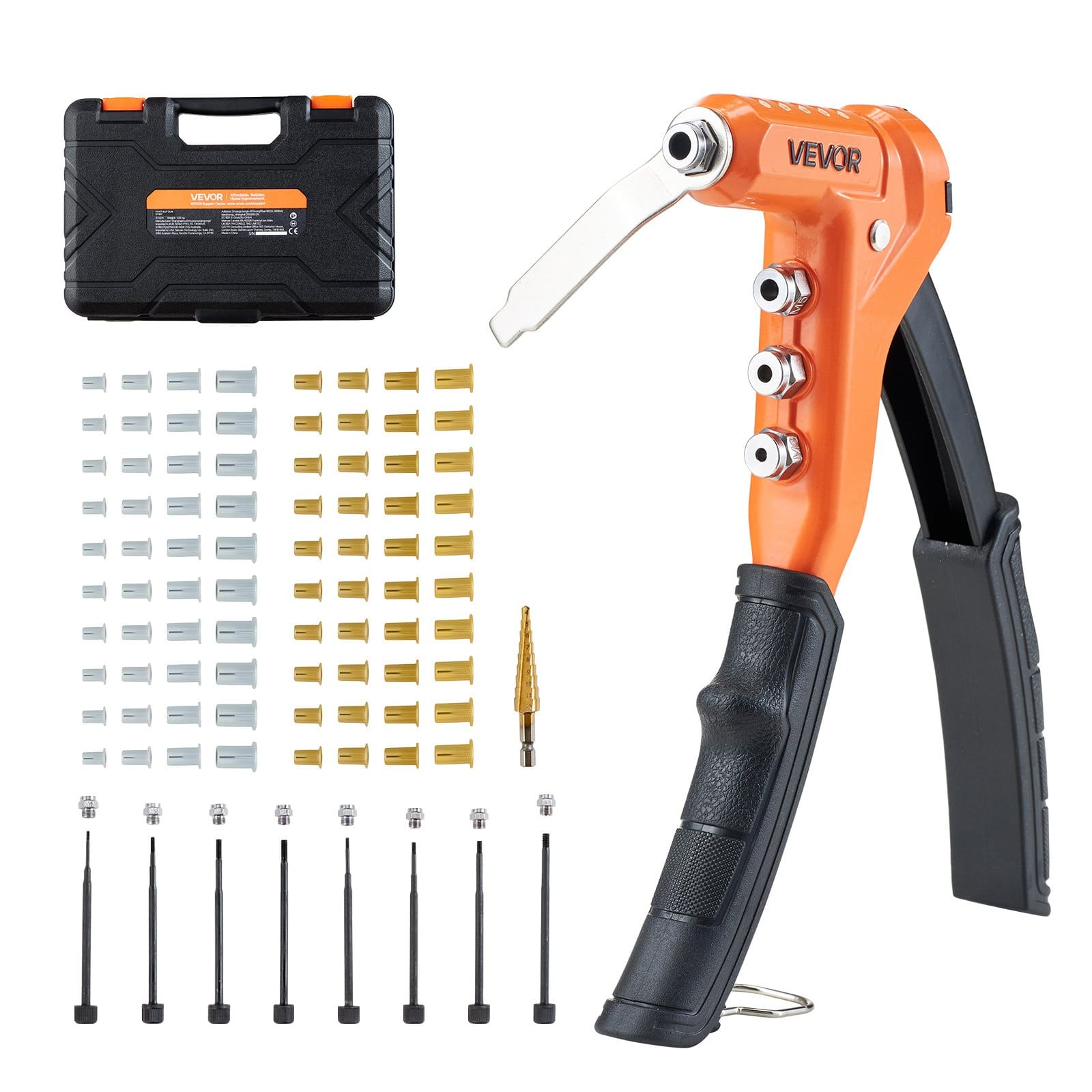 VEVOR Rivet Nut Tool Kit 230mm One-Handed, 8 Mandrels, 80 Nuts, M3–M6 ...
