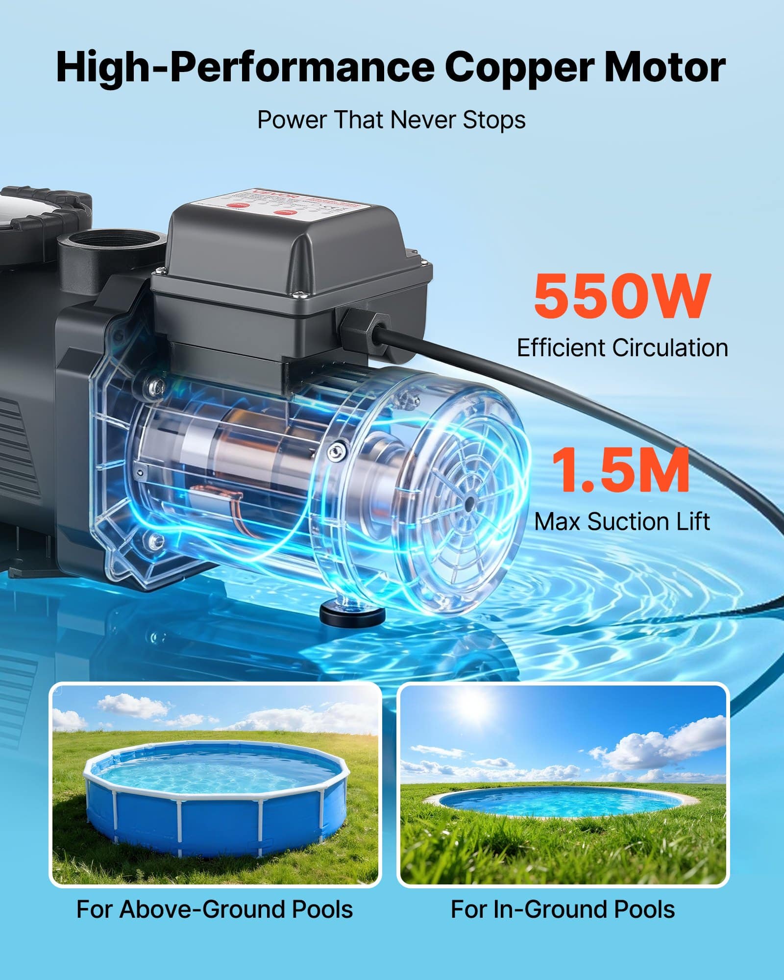 VEVOR 550W Pool Pump with Timer & Filter Basket, 14,000 L/h Flow, 12m ...