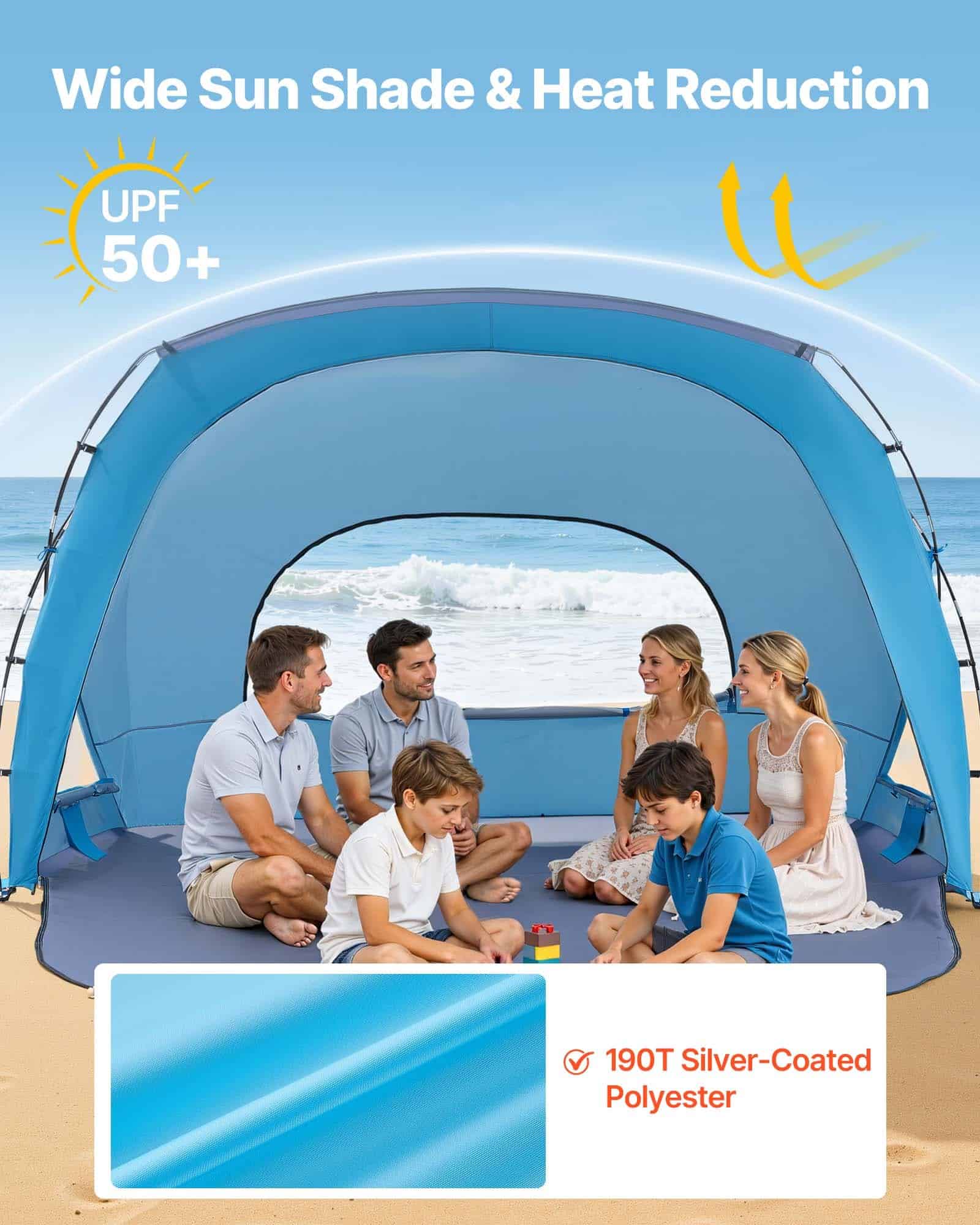 VEVOR 6-Person Beach Tent Sun Shelter, UPF 50+, Portable Canopy with ...