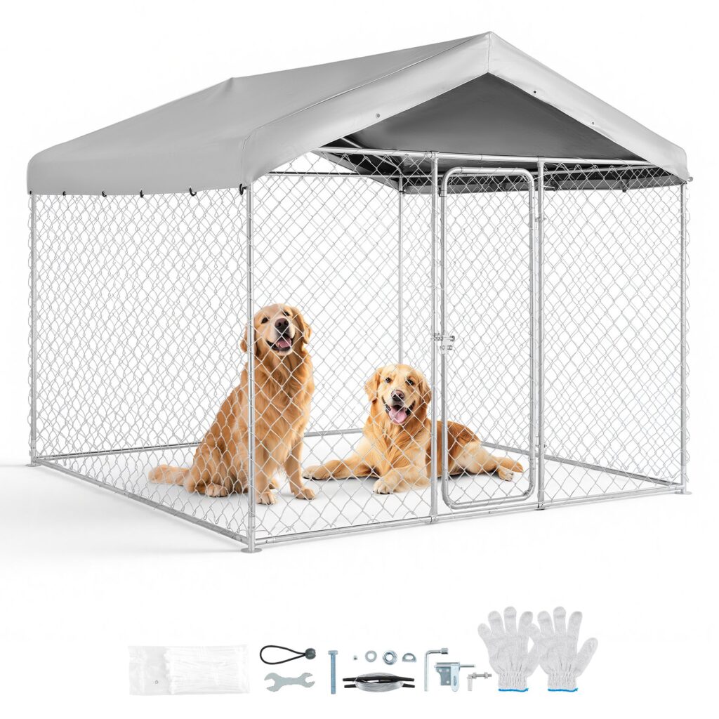 VEVOR Outdoor Dog Kennel 2.3 x 2.3 x 2.15 m with Roof, Heavy-Duty Steel ...