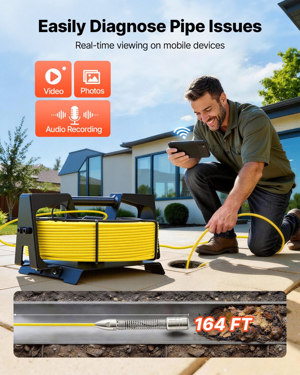 VEVOR 2026 WiFi Sewer Inspection Camera, 50 m IP68 Drain Pipe Endoscope ...