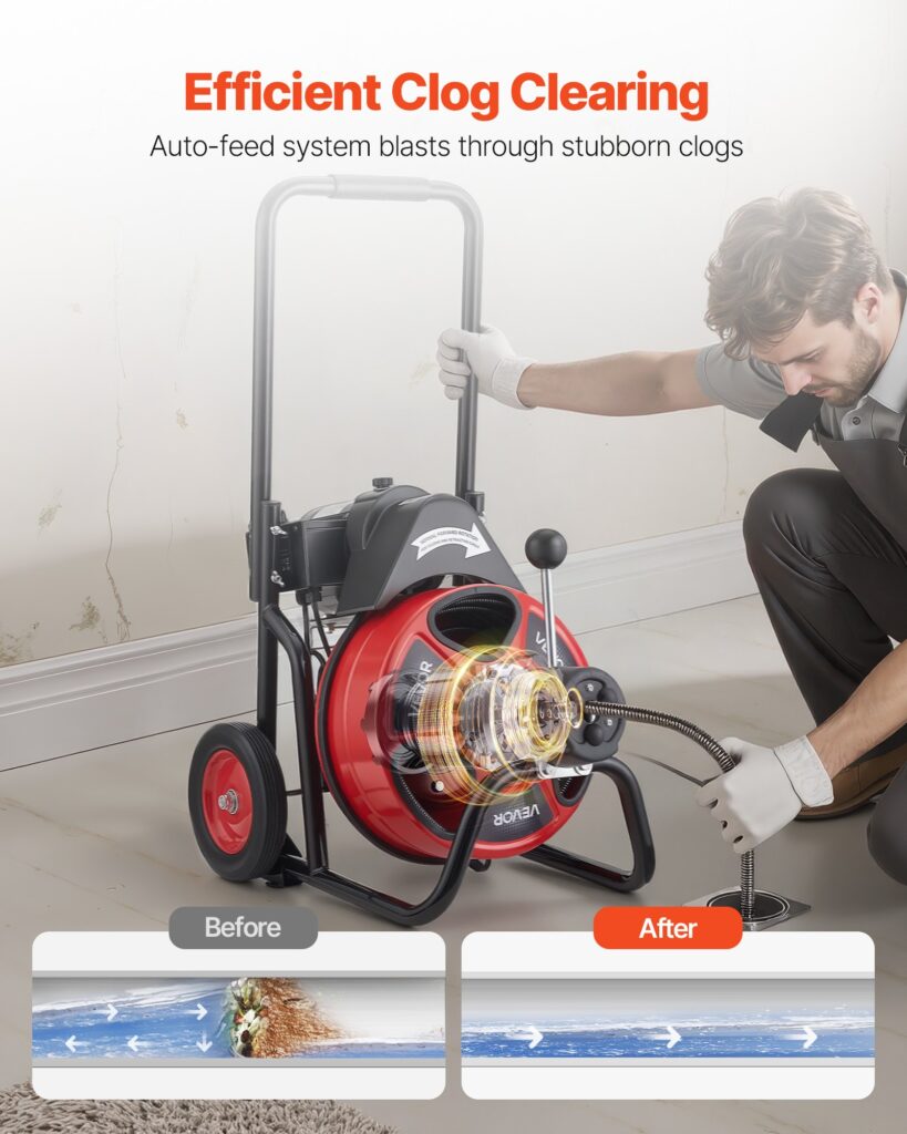 VEVOR 30m x 9.5mm Drain Cleaner Machine, Auto-Feed Sewer Snake on ...